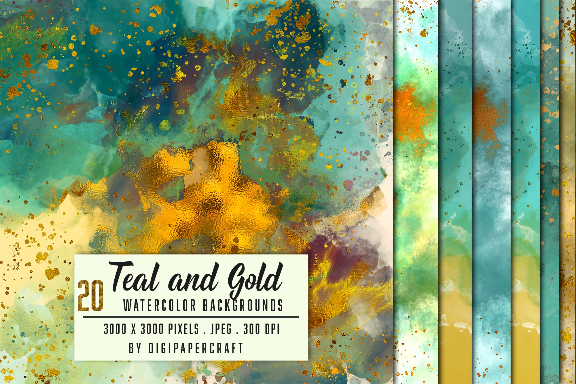Teal and Gold Watercolor Digital Paper, Alcohol ink paper (891747 ...