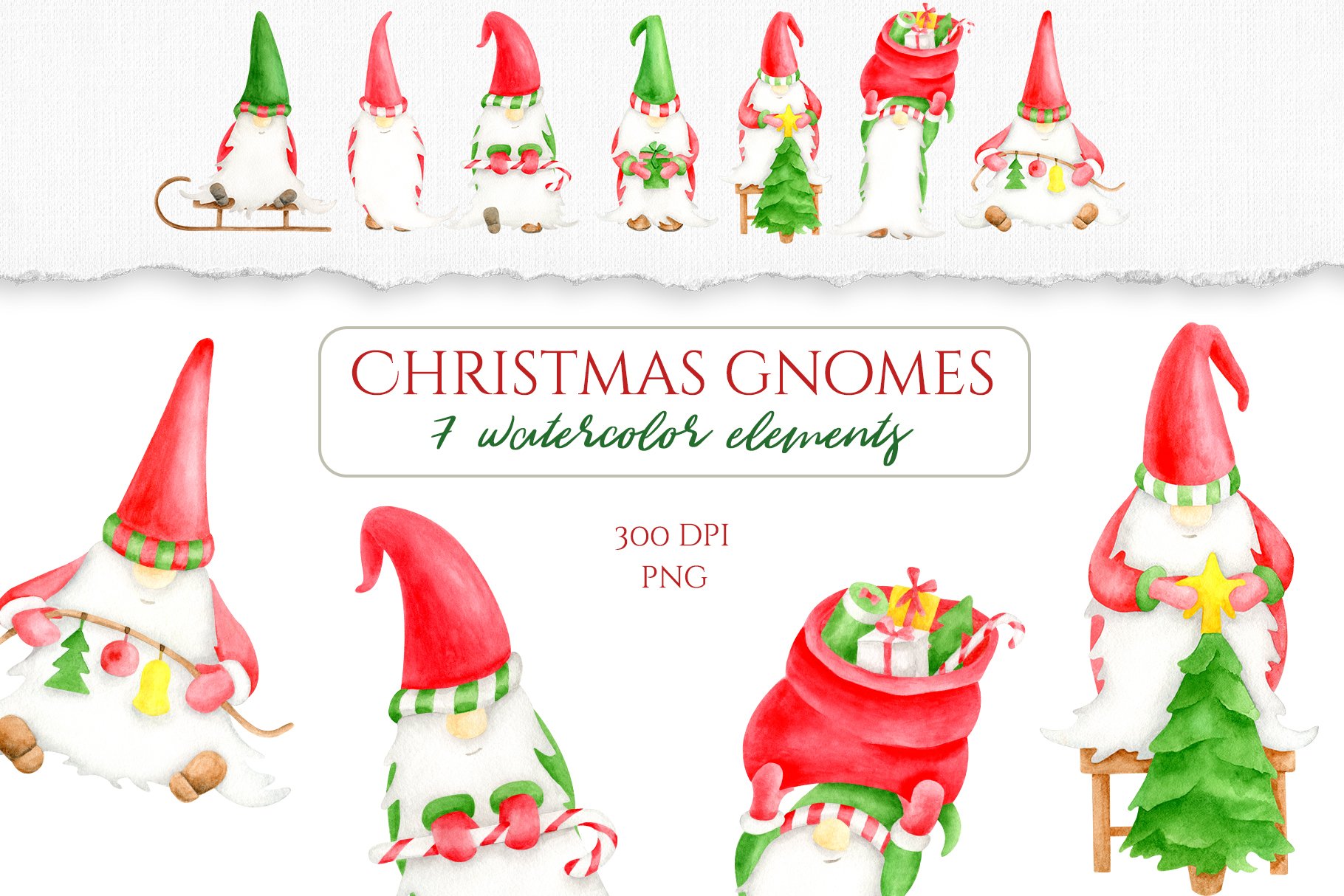 Christmas Gnomes. Hand drawn watercolor clipart elements (1045212 ...