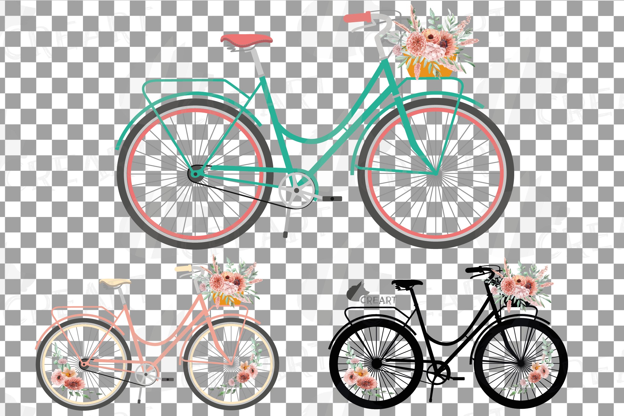 Late summer floral bicycles clip art, vintage floral wedding (729413 ...