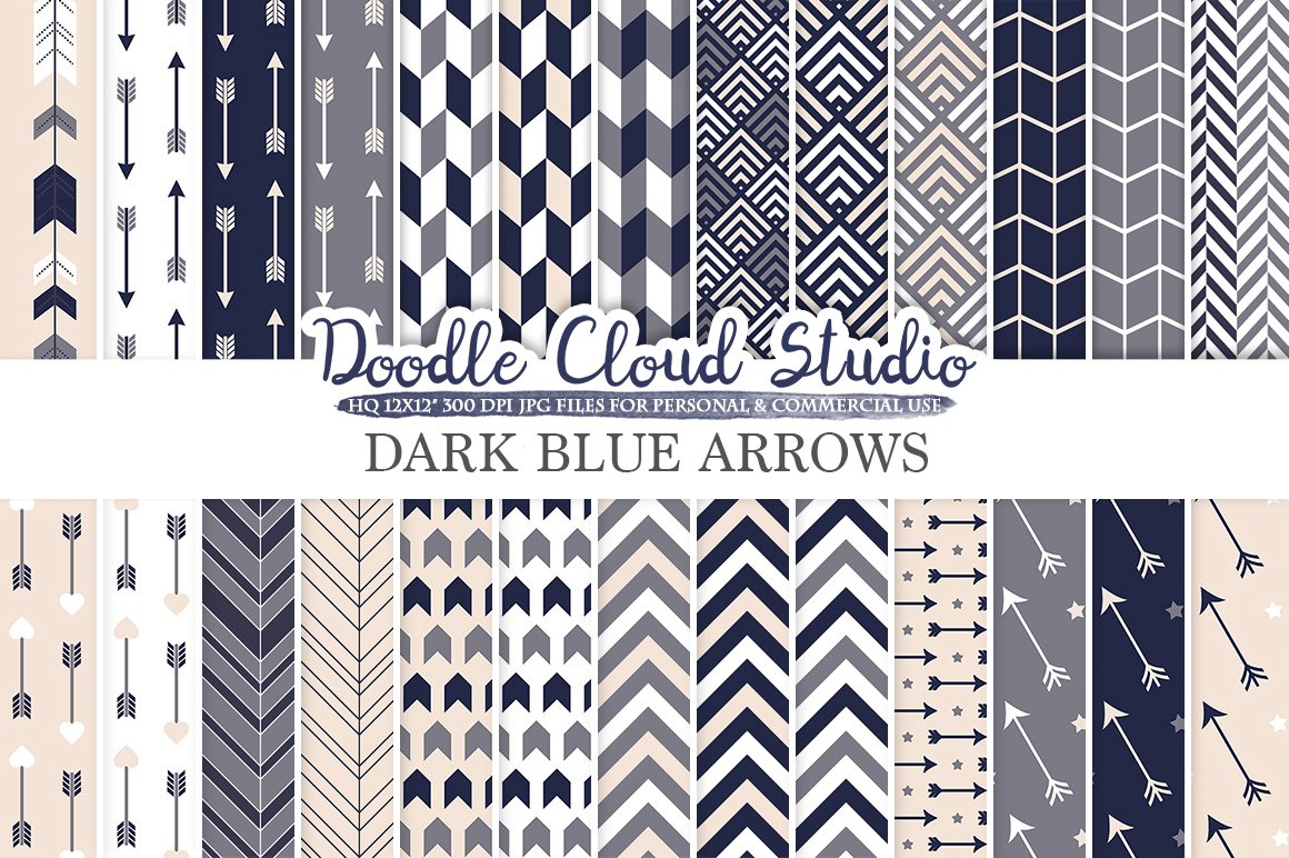 Dark Navy Blue Cream Grey Arrows digital paper, Arrow patterns tribal ...