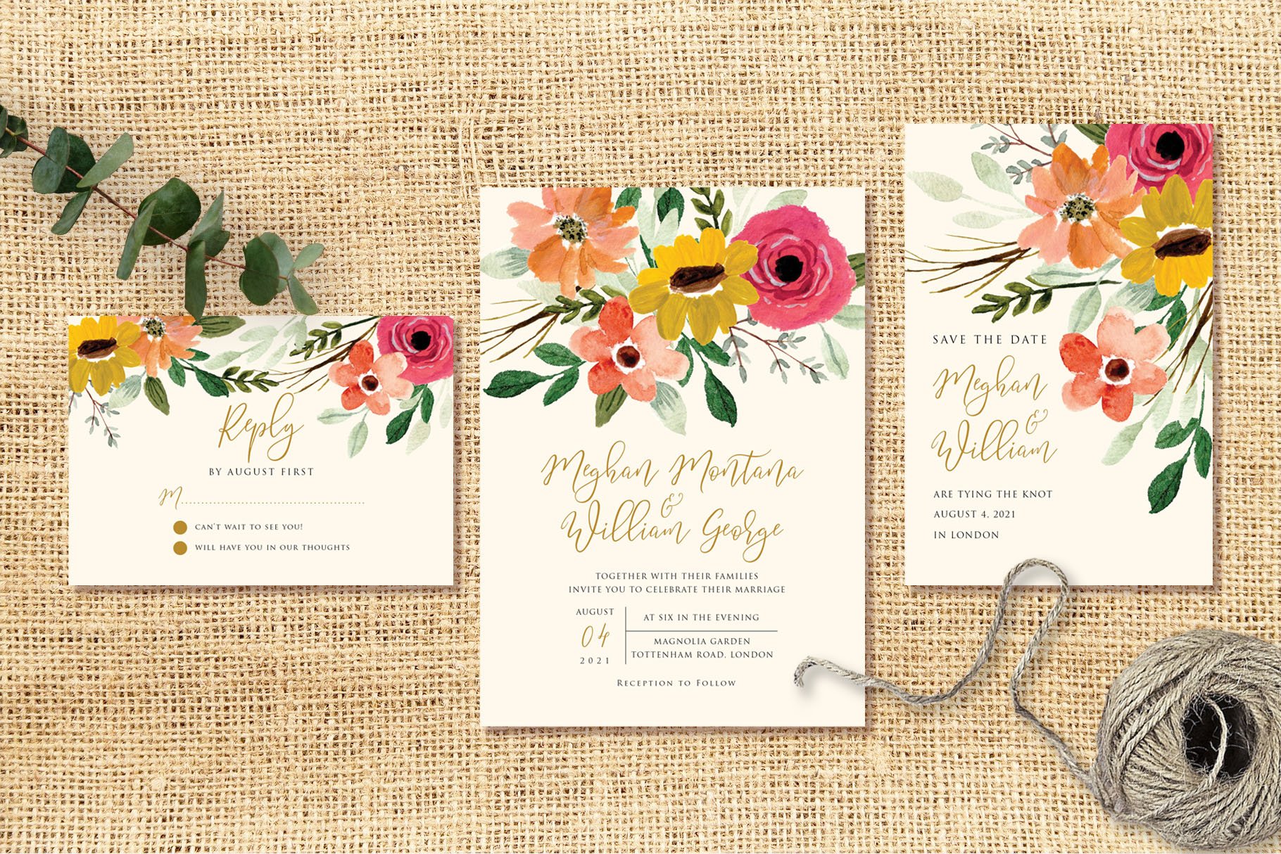 Pretty Floral Watercolor Wedding Invitation Set