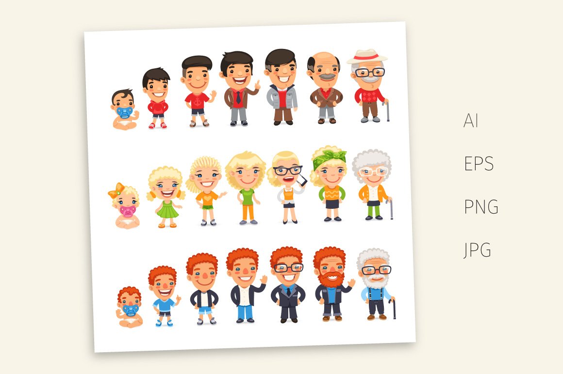 Seven Characters Aging Set (246701) | Illustrations | Design Bundles
