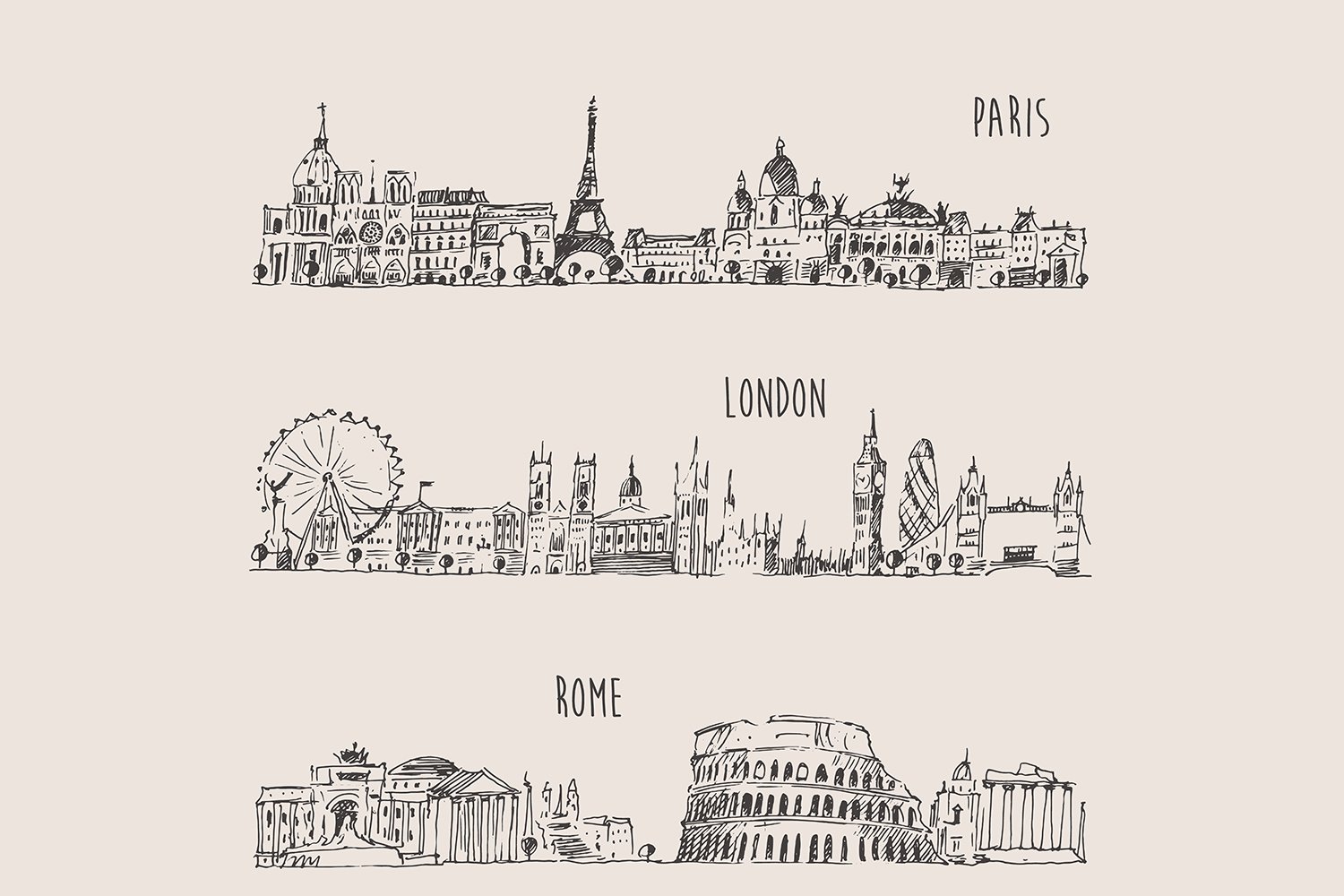 Set of cities (London, Paris, Rome) (2839) | Illustrations | Design Bundles