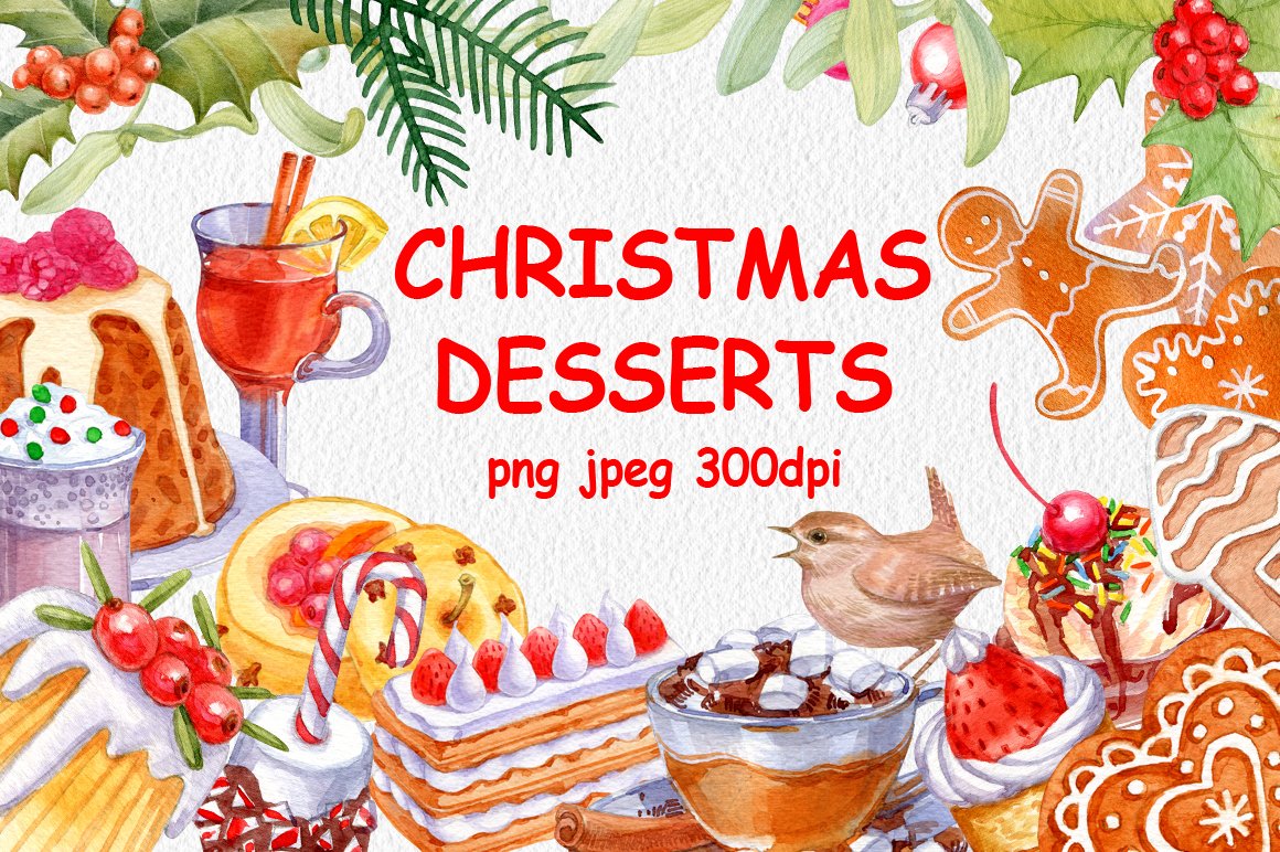 Christmas Dessert Clip Art Watercolor Christmas Dessert Clipart Set,