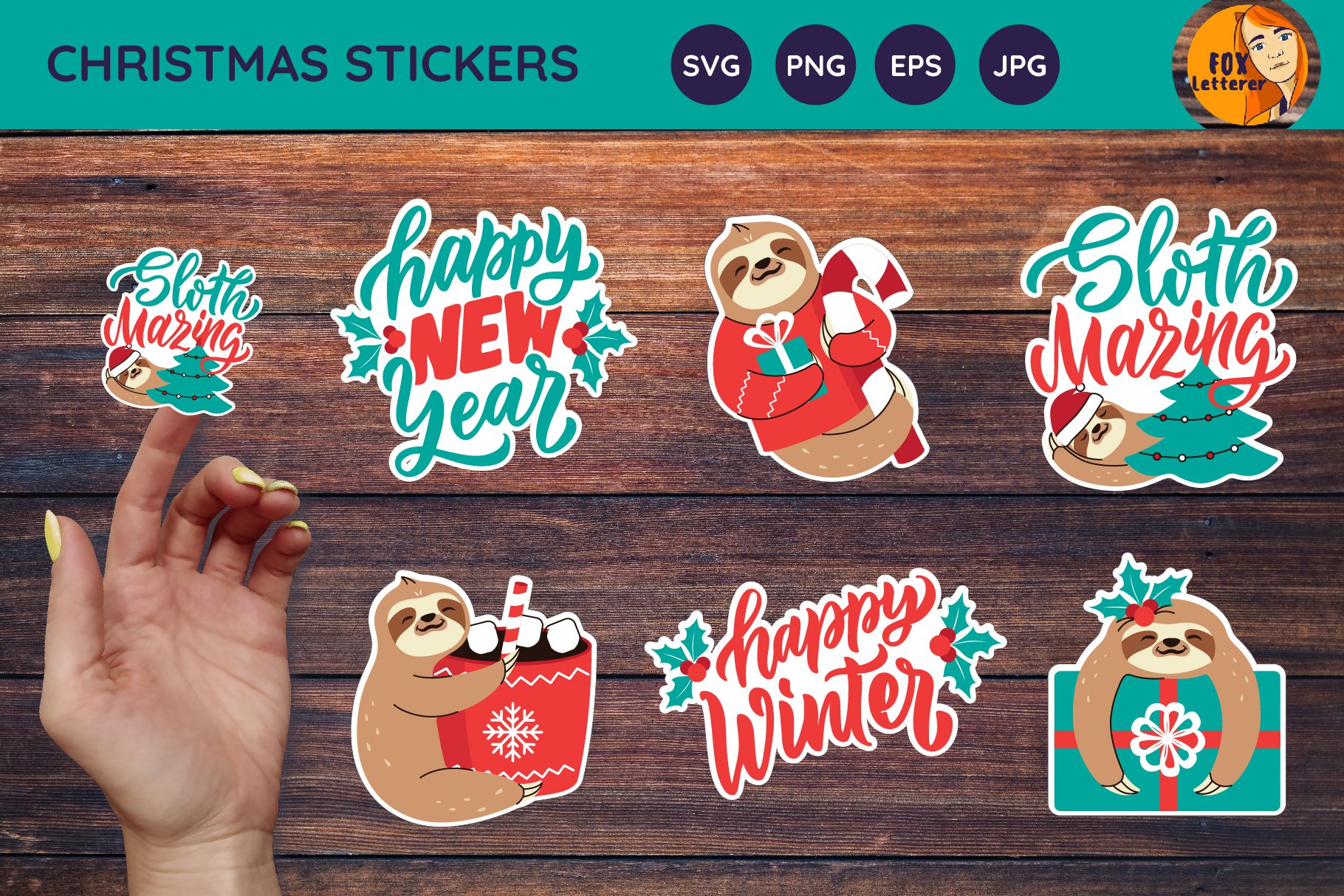 Cartoon sloths, quotes for Christmas. Printable stickers svg