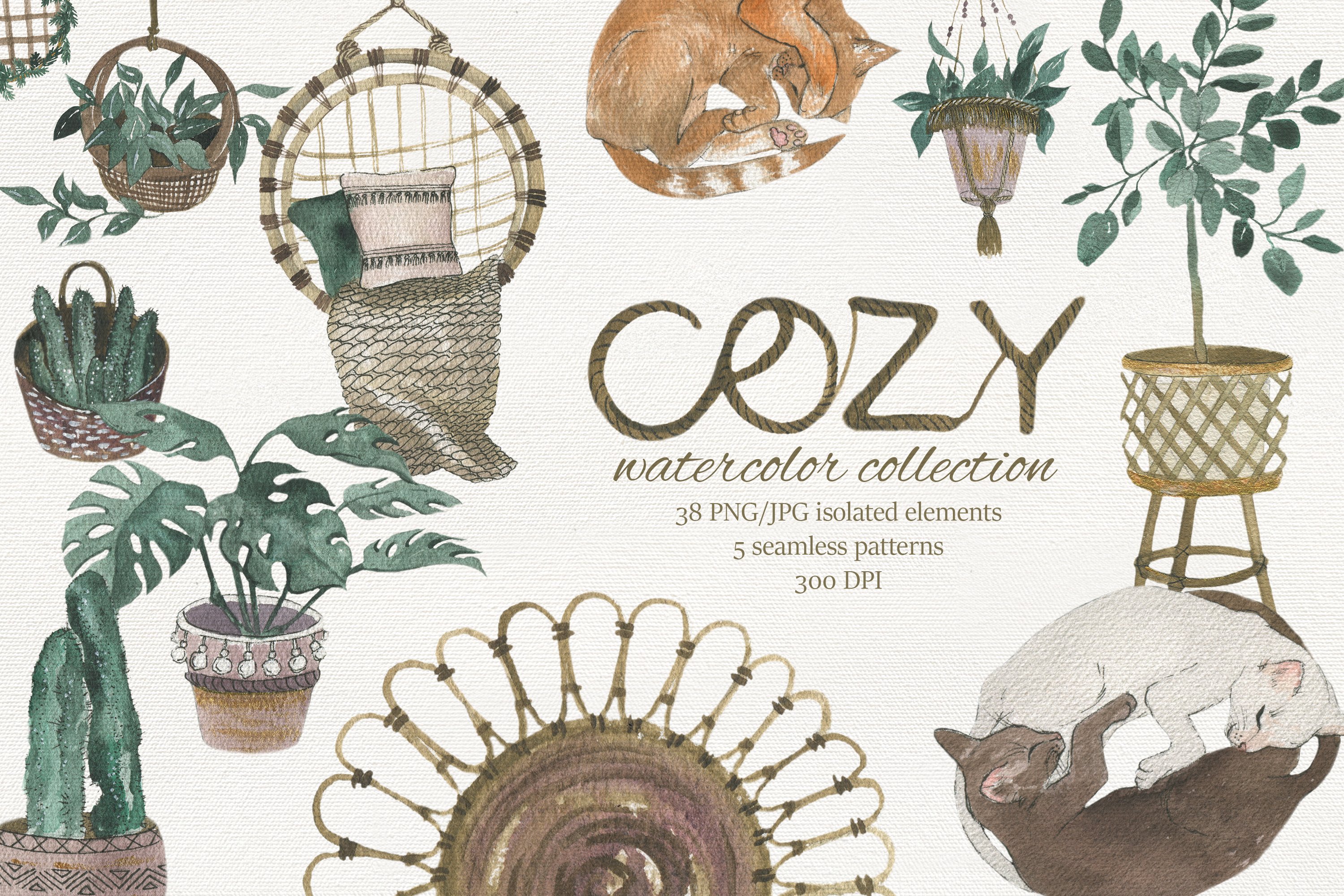 Cozy home collection. Hand drawing watercolor illustration. (1423128 ...