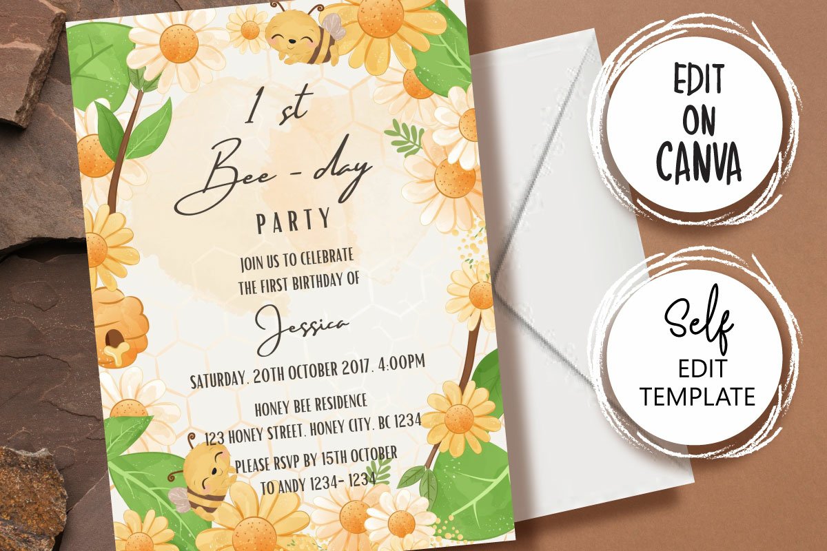 EDITABLE CANVA - BIRTHDAY Template With Honey Bee 03 (1831493) | Canva ...