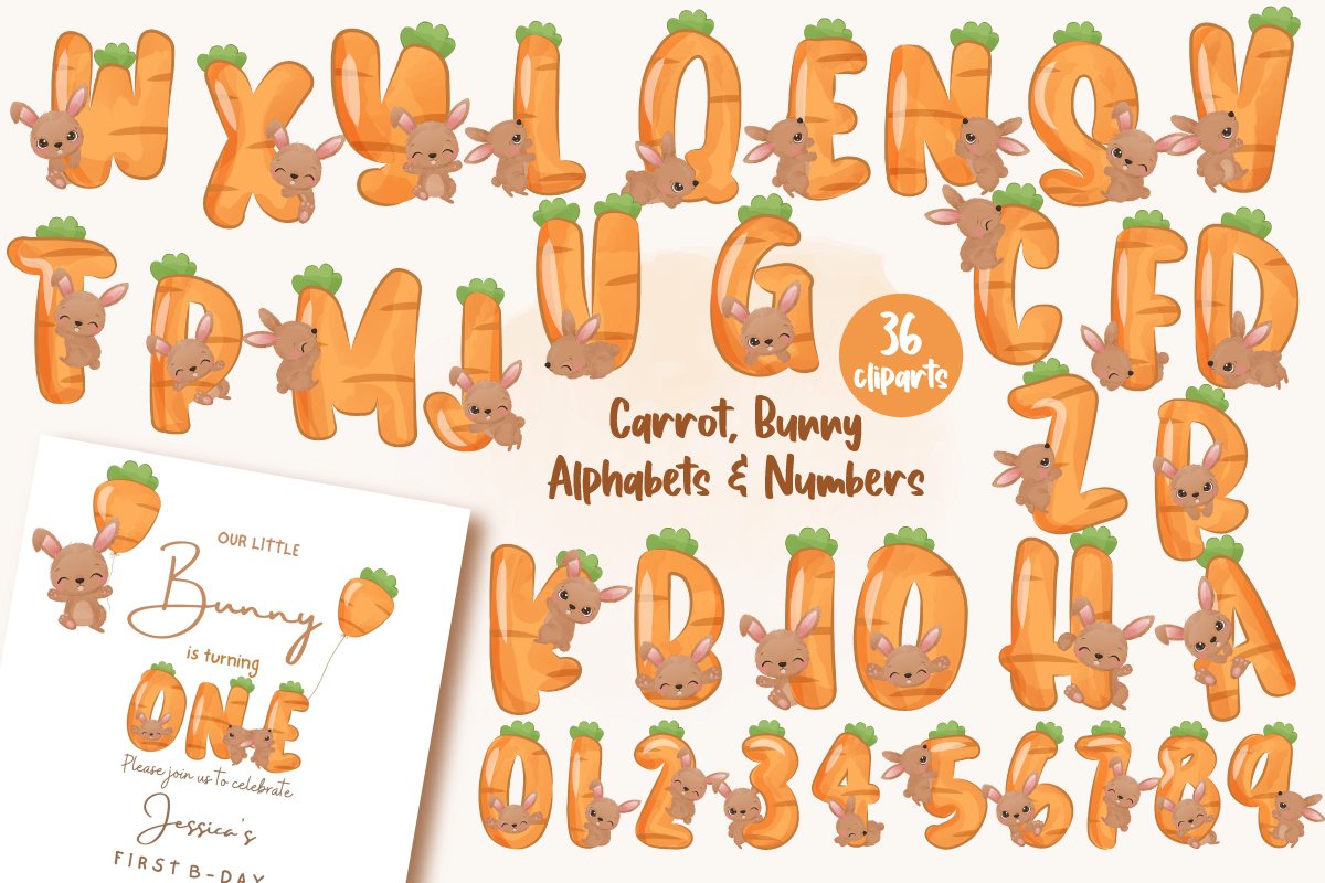 Carrot & Bunny Alphabets & Numbers Clipart Set (1836103 ...