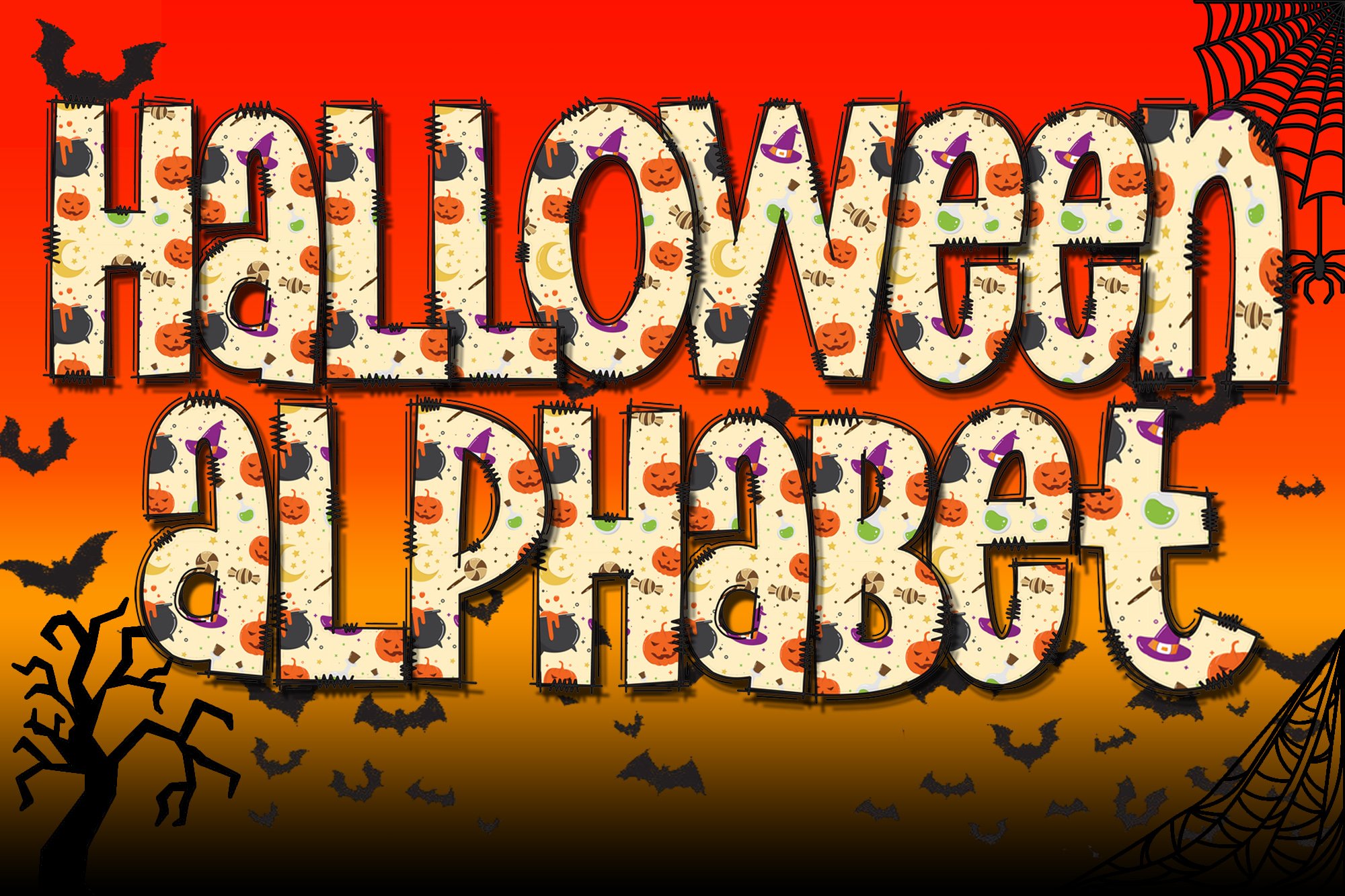 Witch Cauldron Halloween Sublimation Alphabet Clipart Doodle