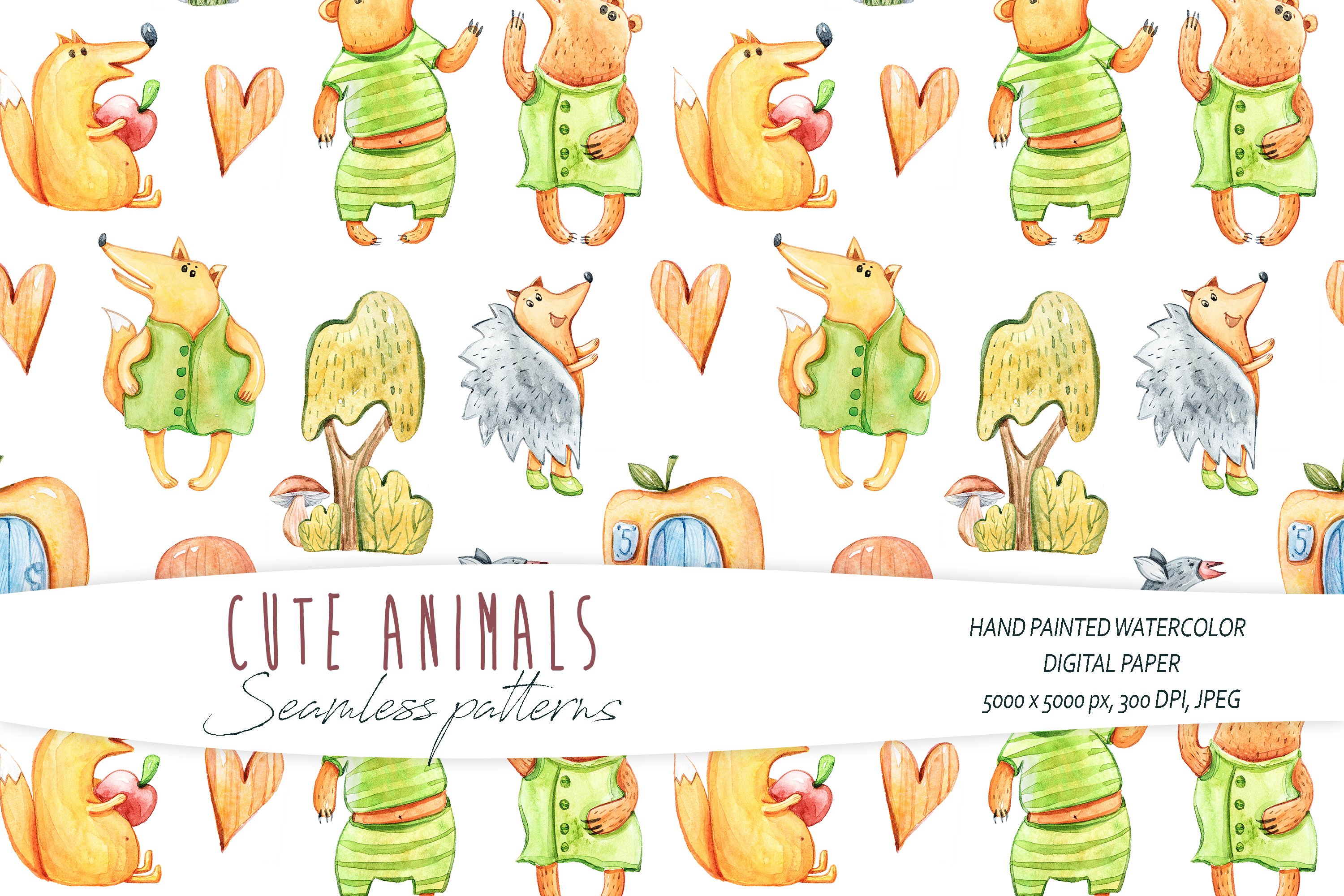 Cute bears and foxes seamless patterns- Digital paper- JPEG