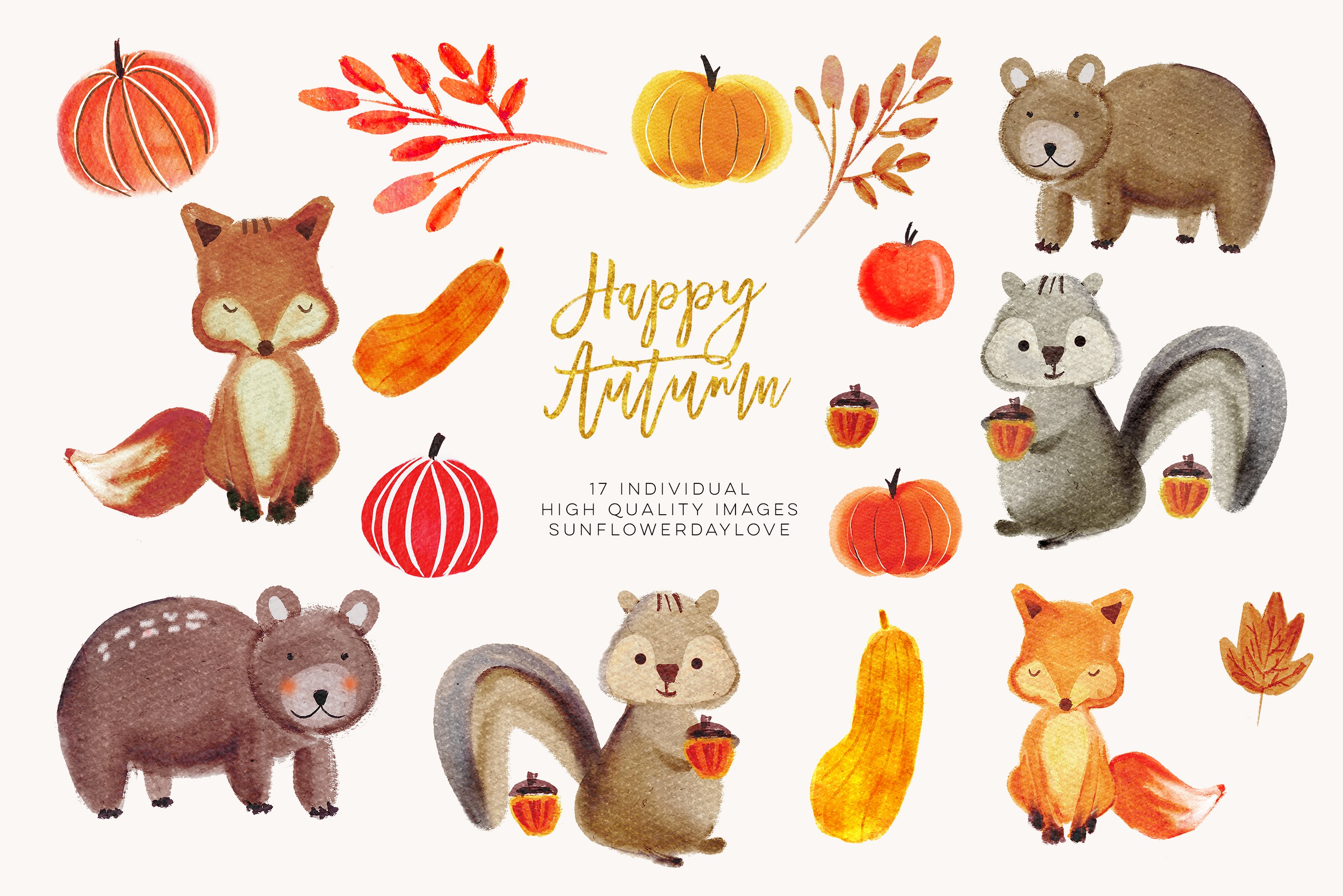 Watercolor forest animals clipart, autumn animal clip art (280919 ...