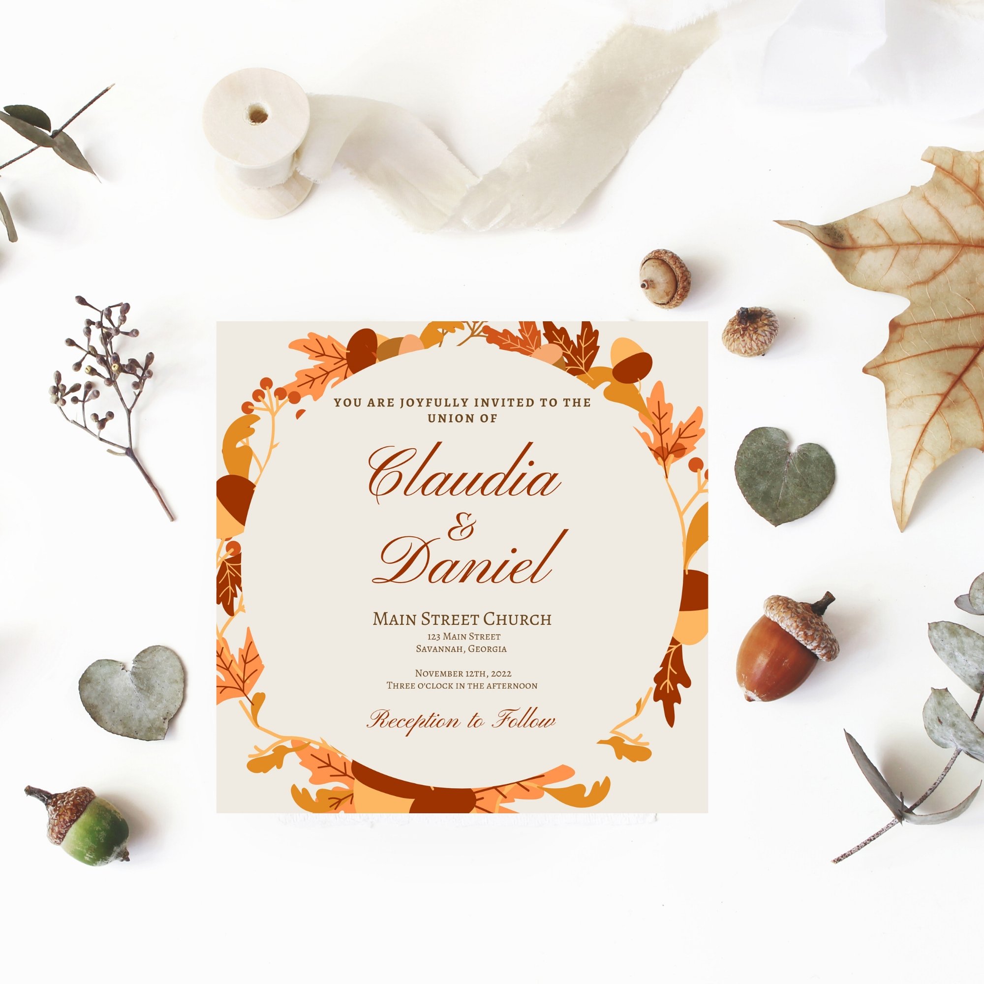 Autumn Wreath Wedding Invitation (422632) | Card Making | Design Bundles