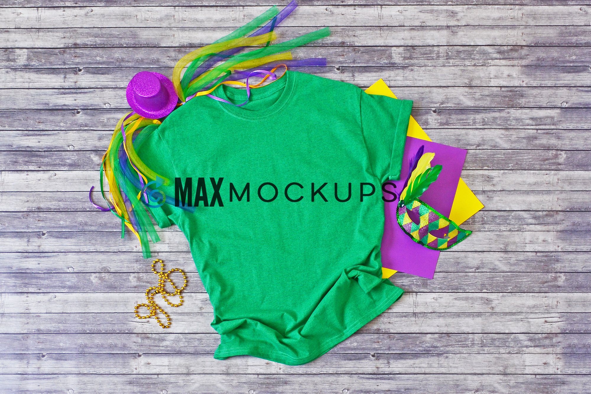 Green t-shirt Mockup, Mardi Gras mask beads, styled flatlay (435270 ...
