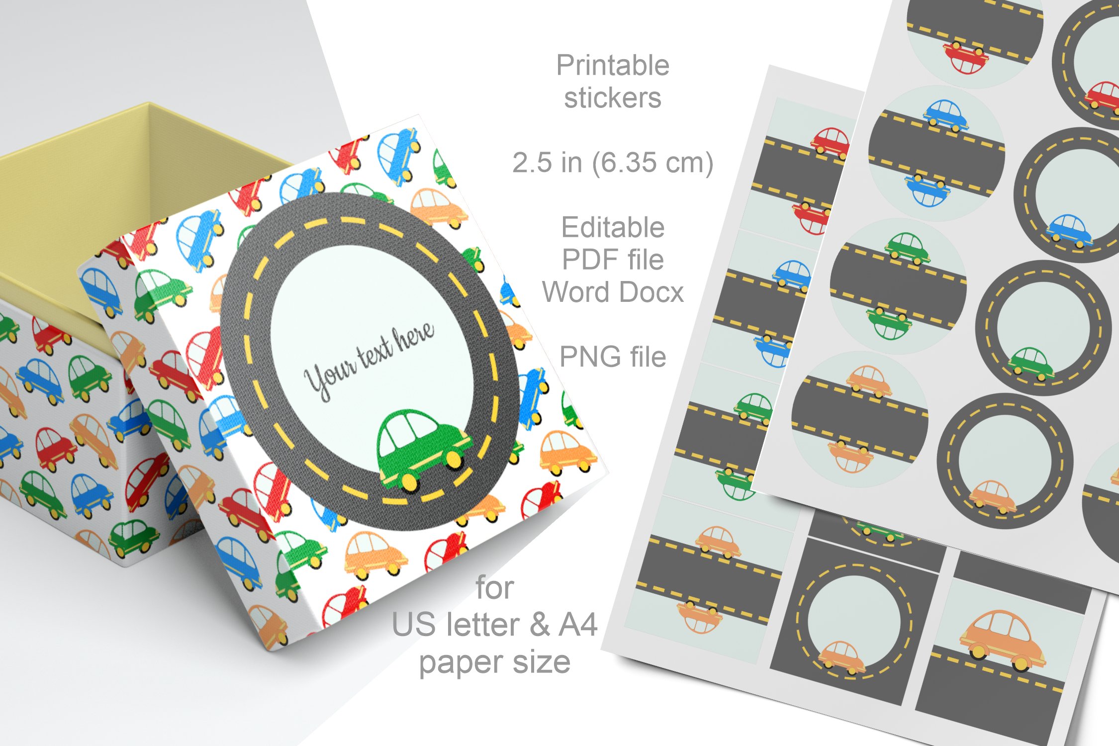 Printable Labels with Cars 2.5 in A4 and US Letter
