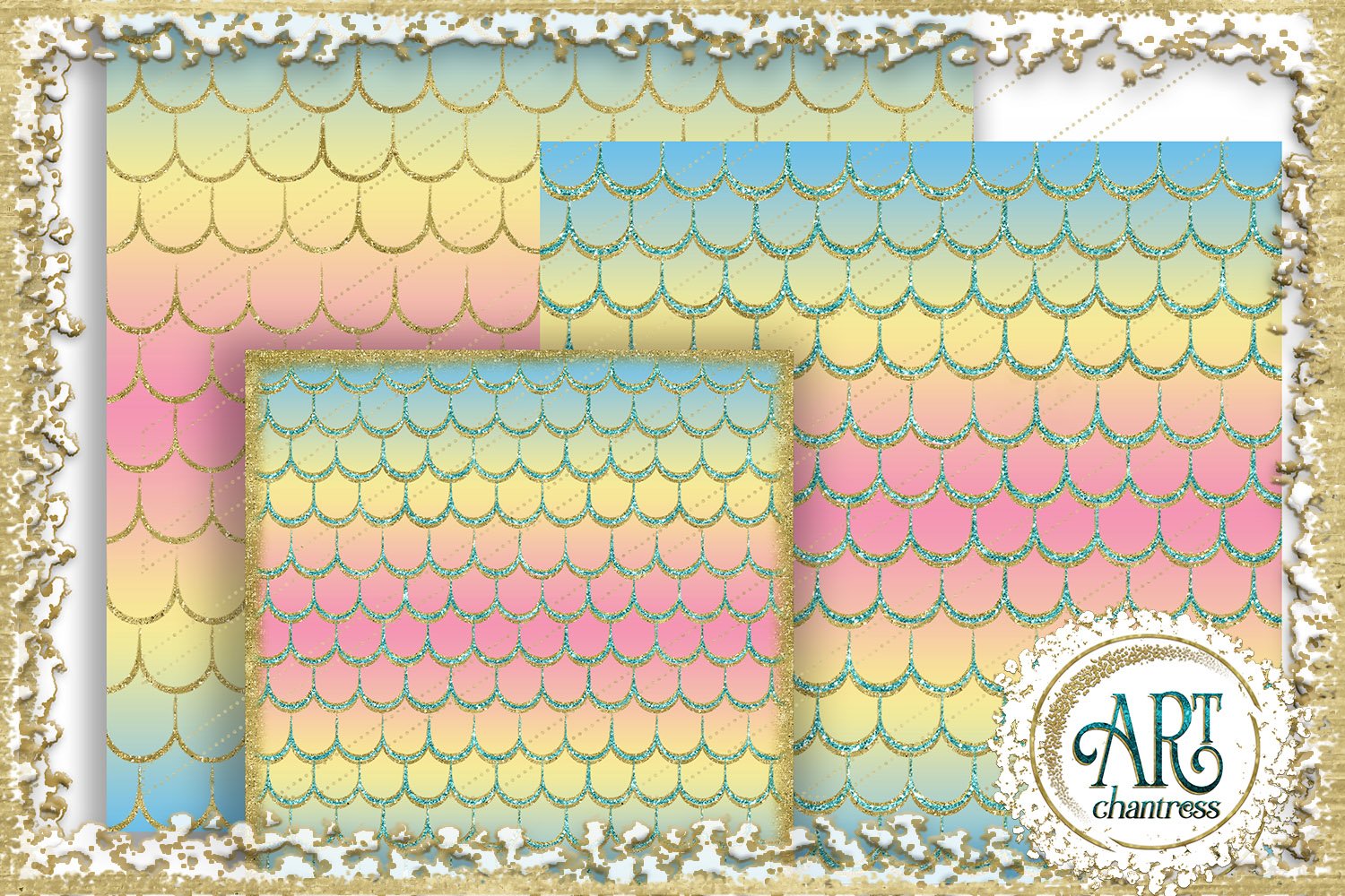 18 Digital Papers - Rainbow with Gold Glitter - Mermaid Scale Tail ...