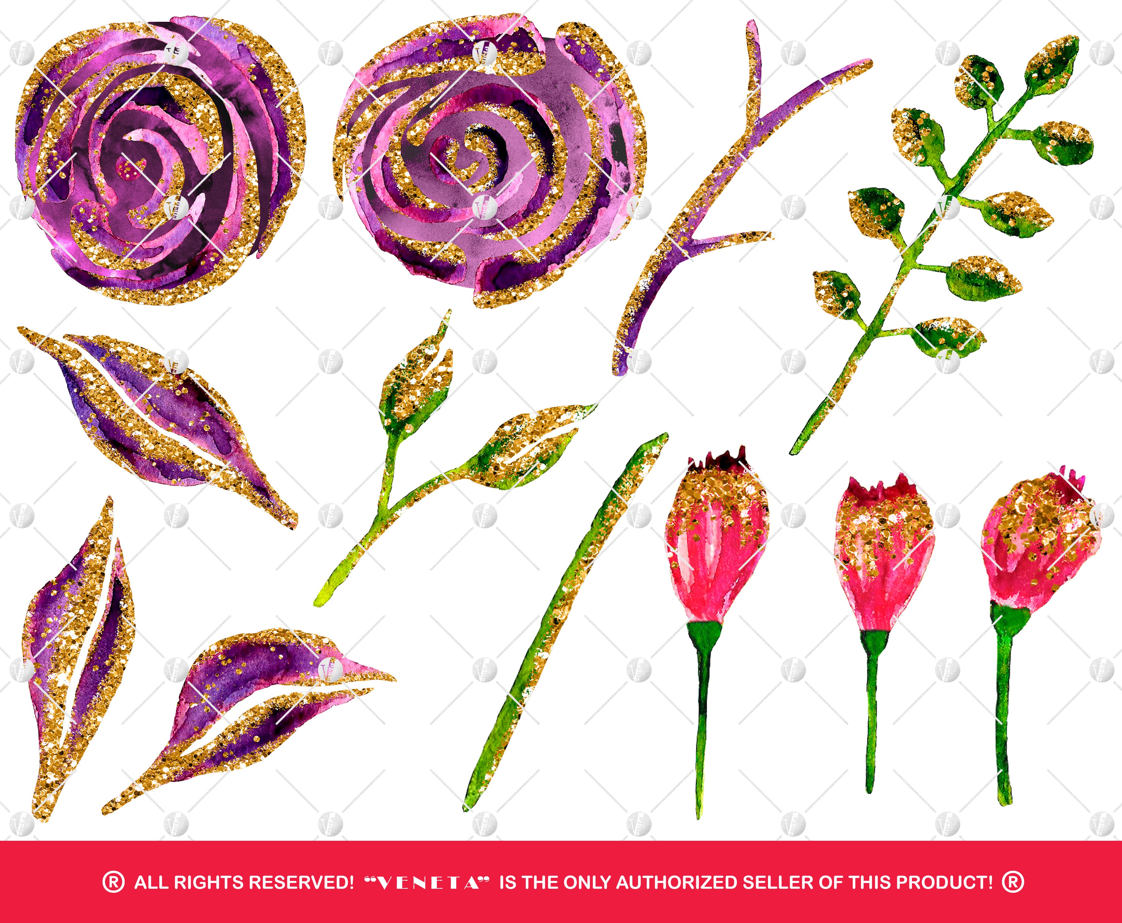 Watercolor Flowers ClipArt Gold Glitter, Handpainted Roses (93222 ...
