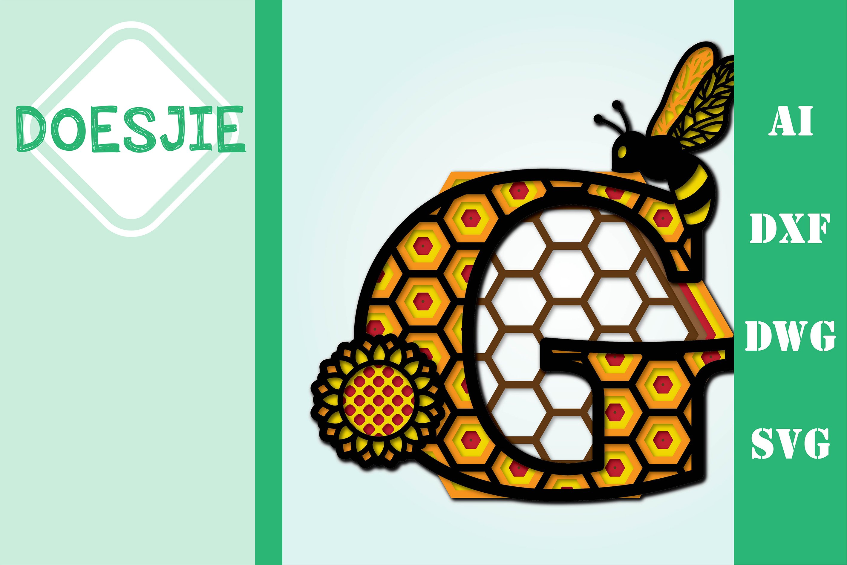 Bee letter G, multi layer mandala honeycomb alphabet