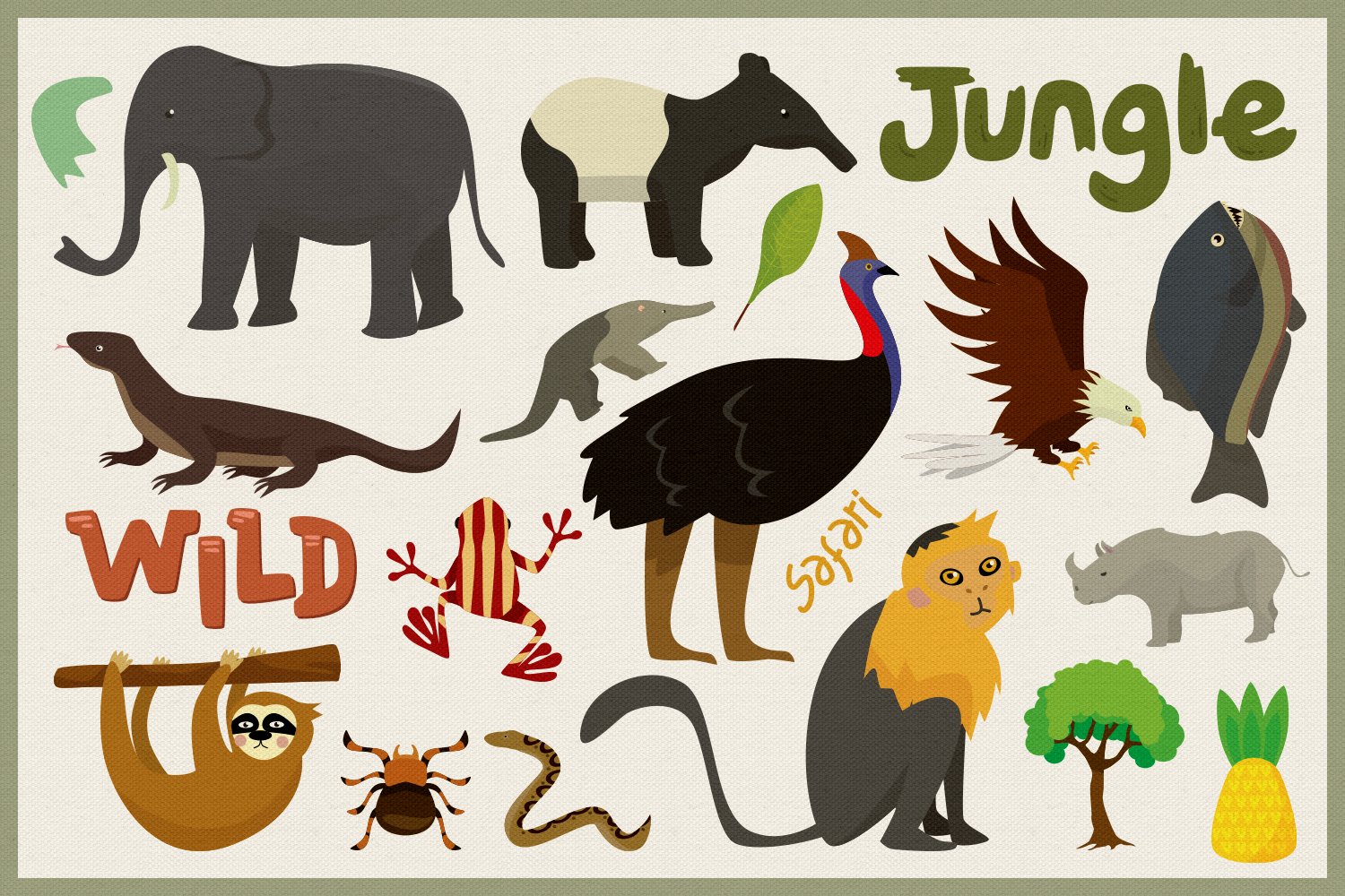 Tropical Animals Vector Clipart and Seamless Pattern