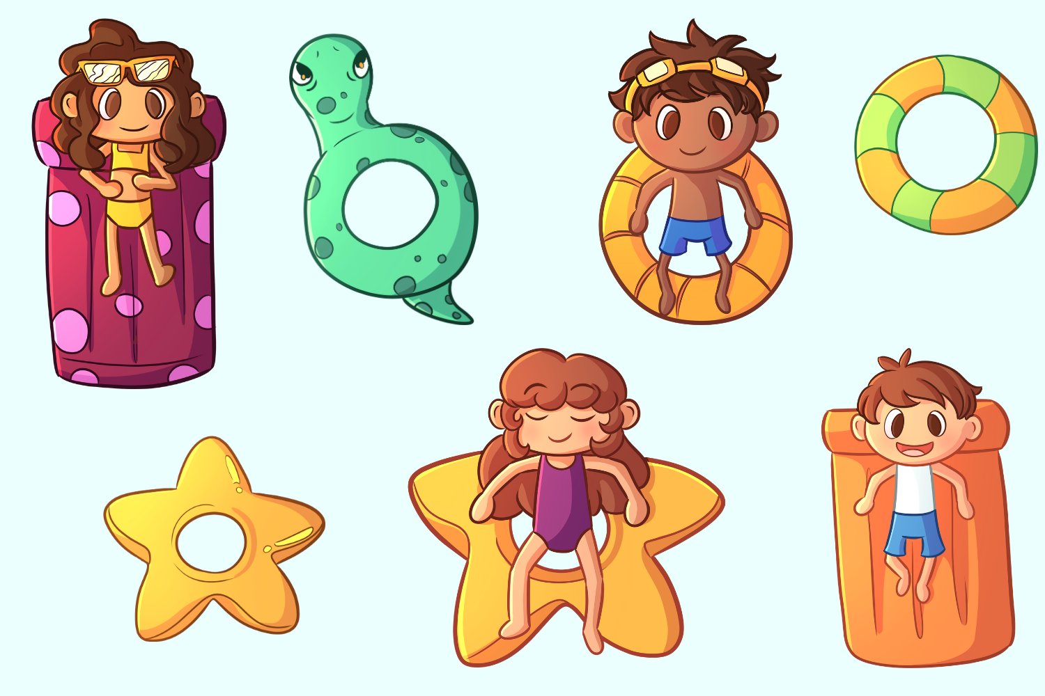 Kids on Pool Floats Summer Illustrations