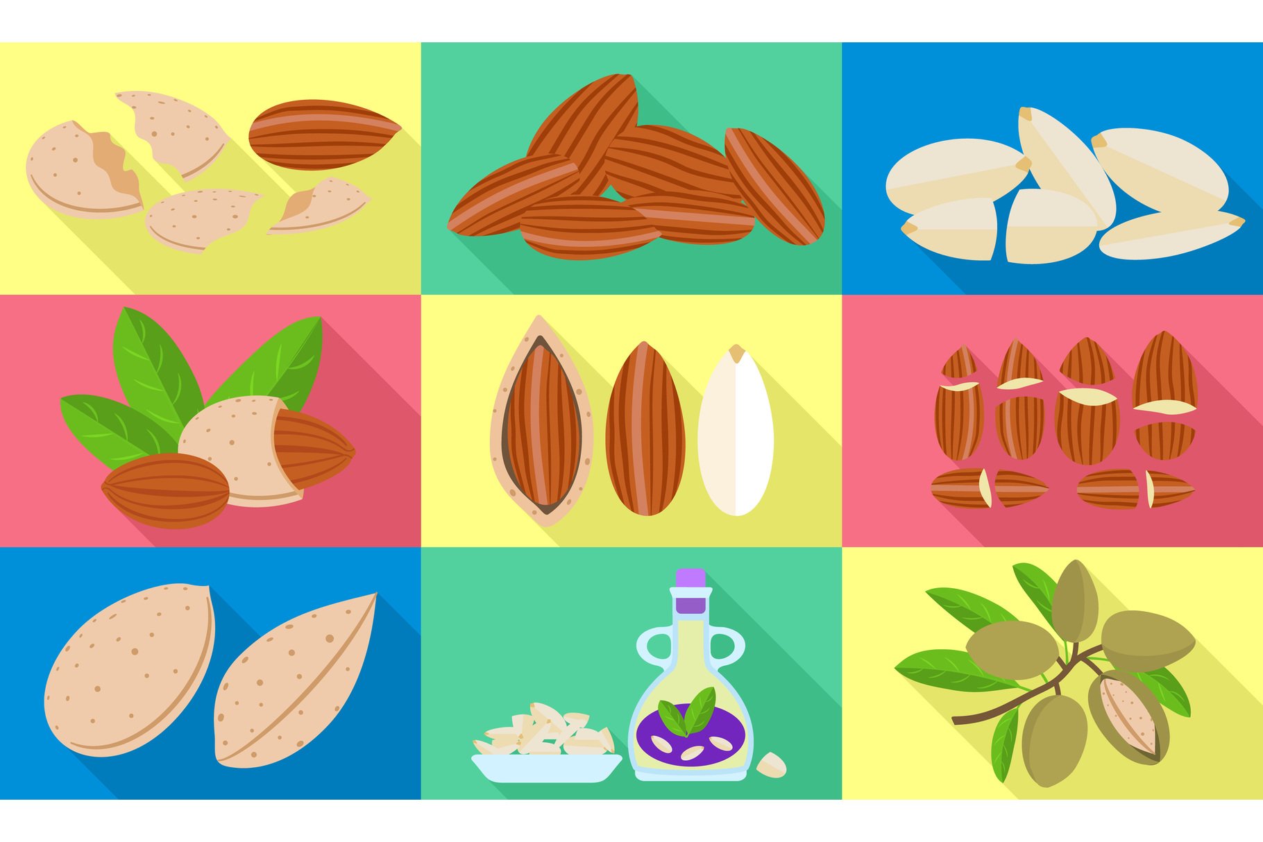 Almond icons set, flat style (565922) | Illustrations | Design Bundles
