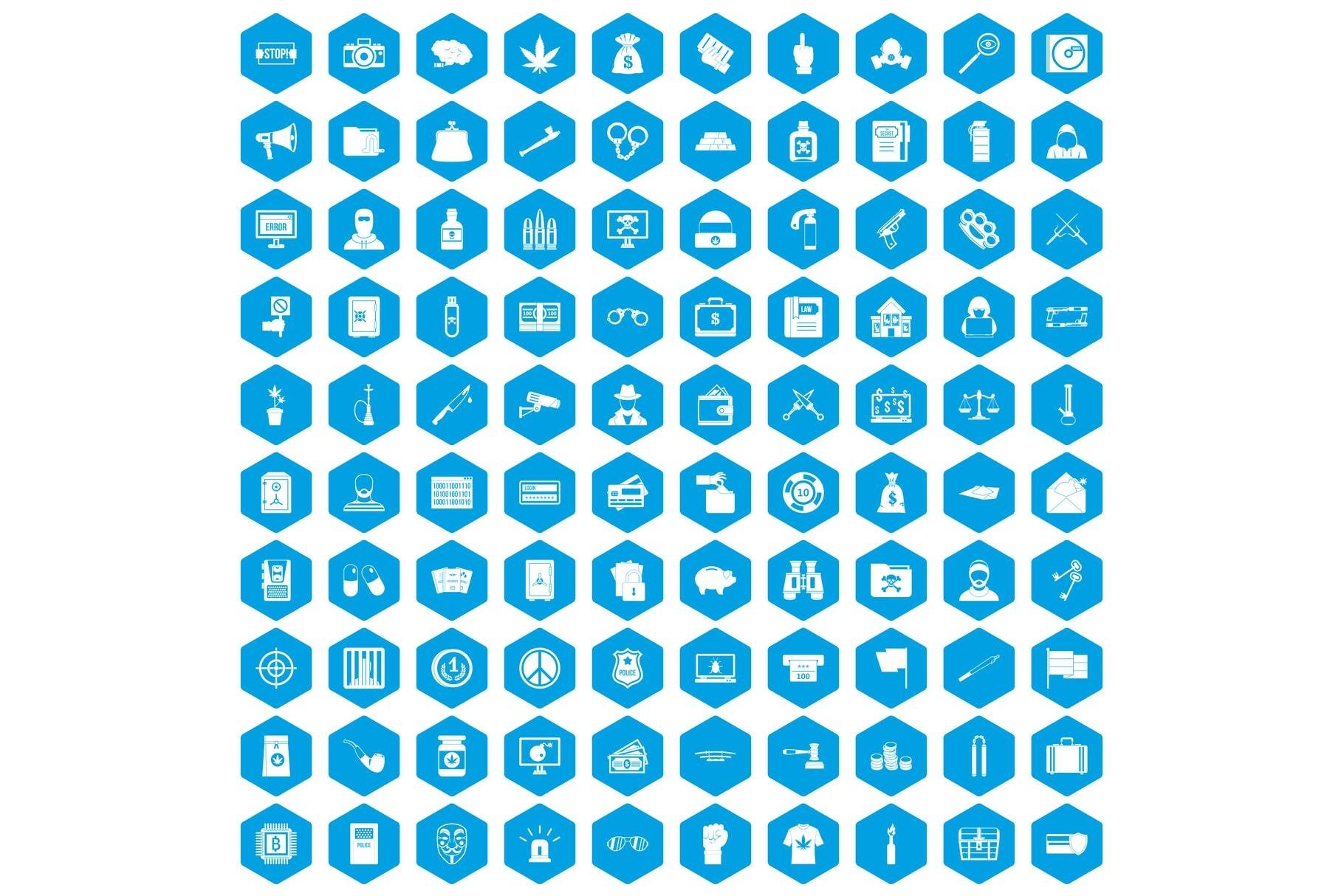 100 criminal offence icons set blue (529468) | Icons | Design Bundles