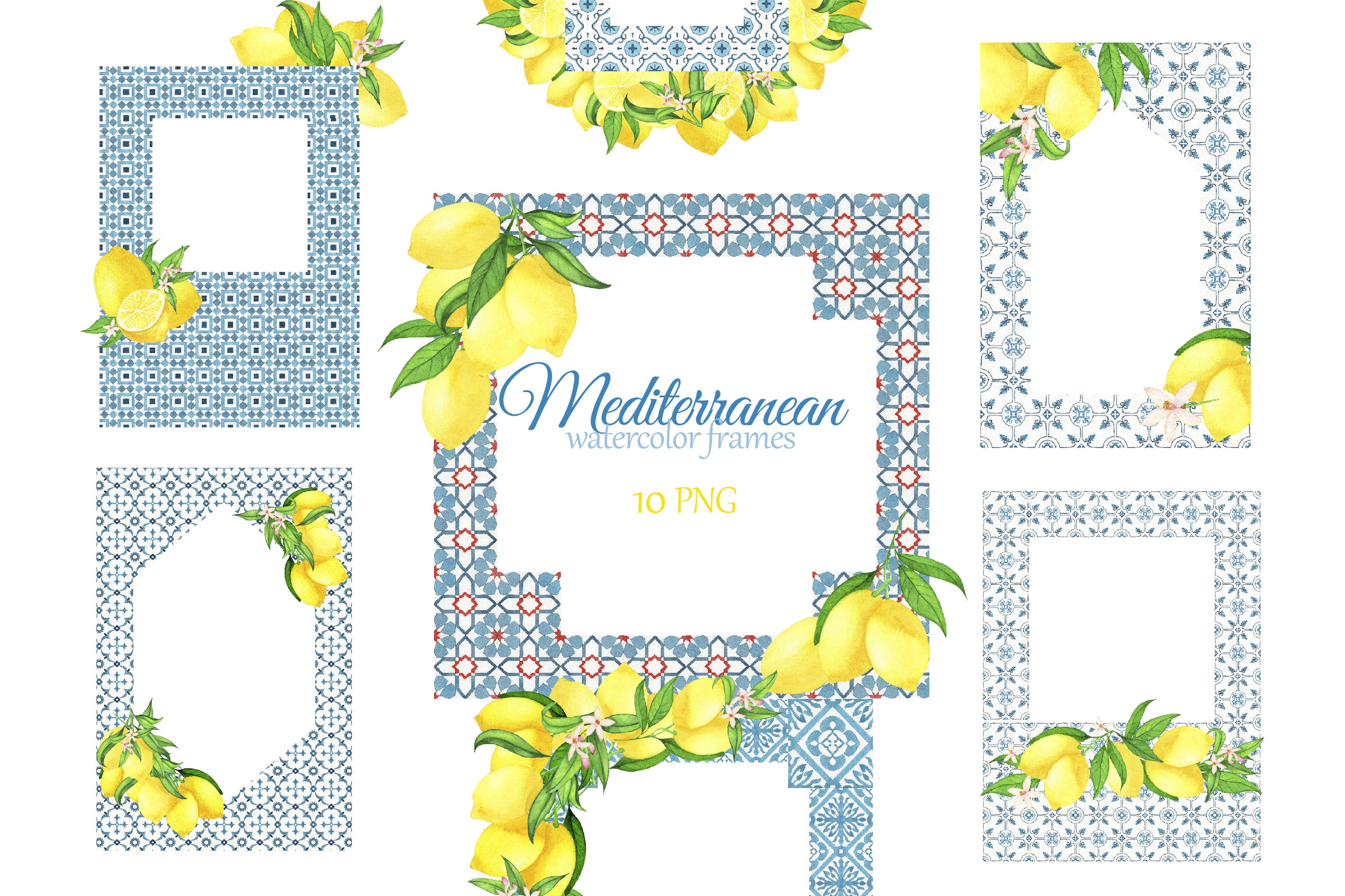 Watercolor mediterranean tiles frame with lemons (682402 ...