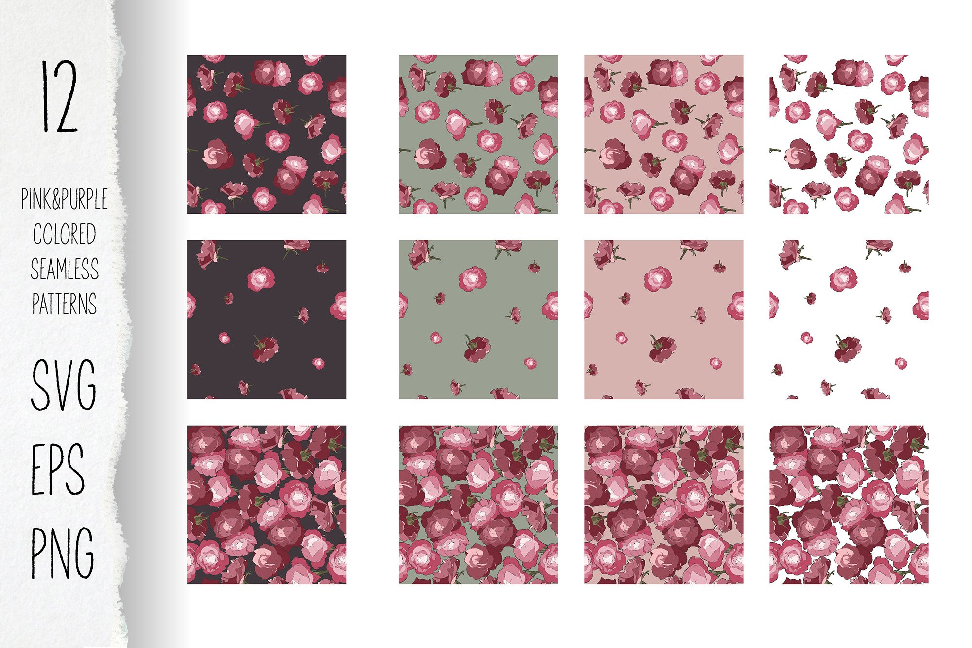 Seamless patterns svg bundle Roses colored and outline