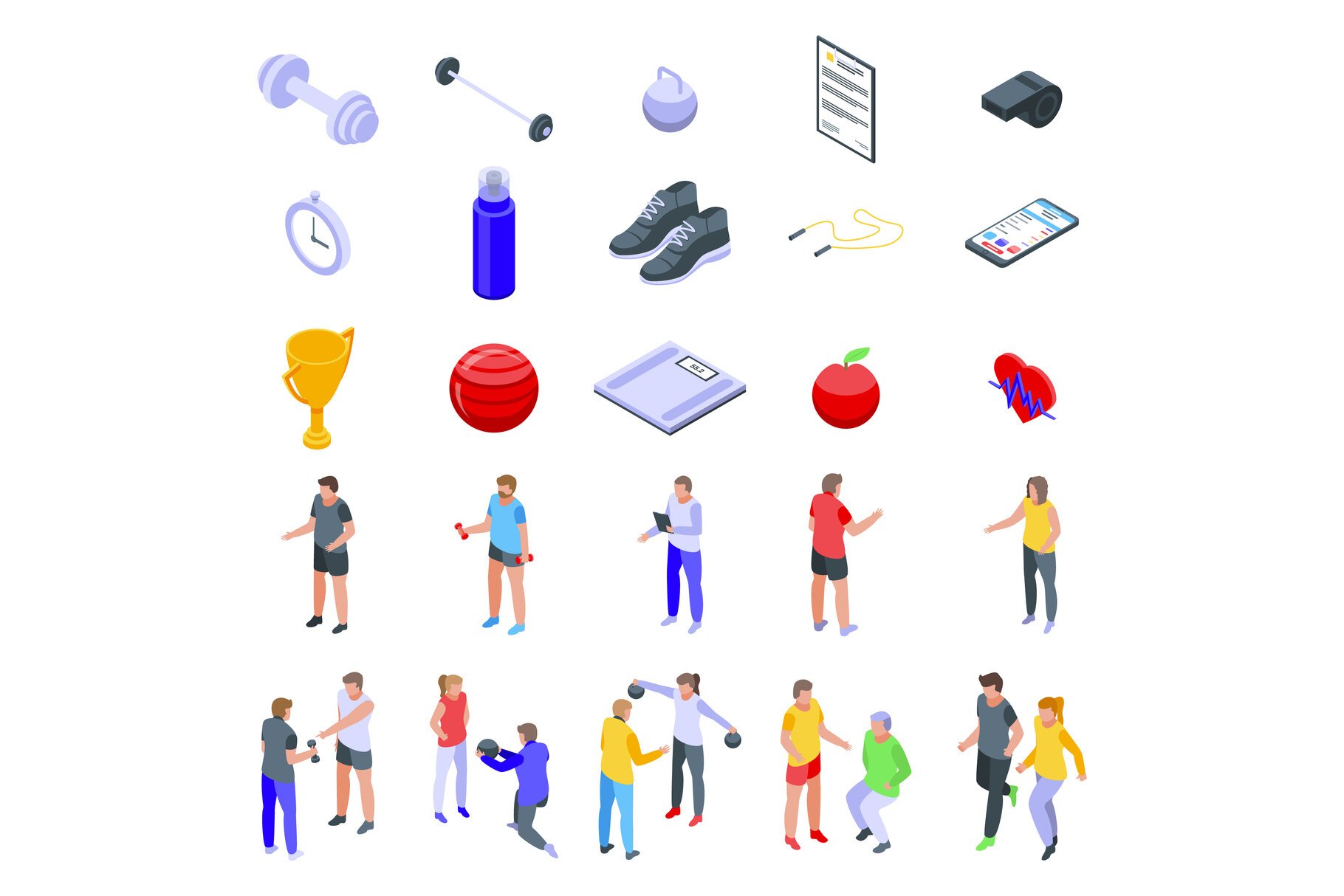 Personal trainer icons set, isometric style (651510) | Icons | Design ...