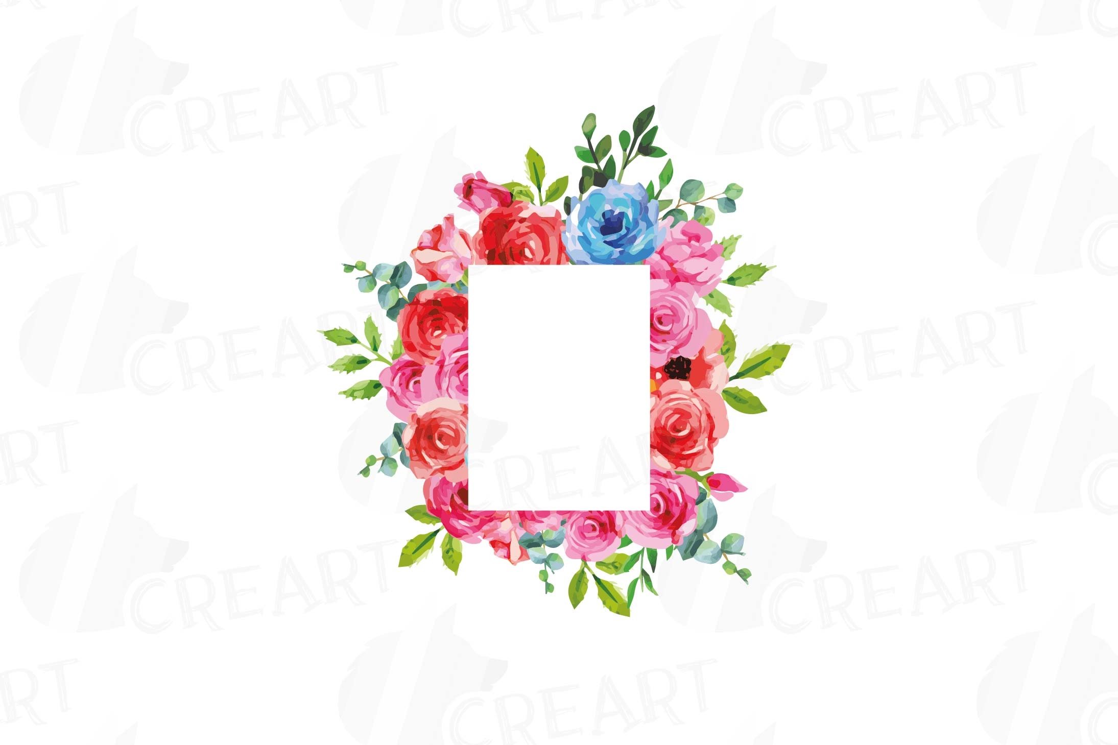 Boho pink and blue floral frames watercolor clip art pack (151827 ...
