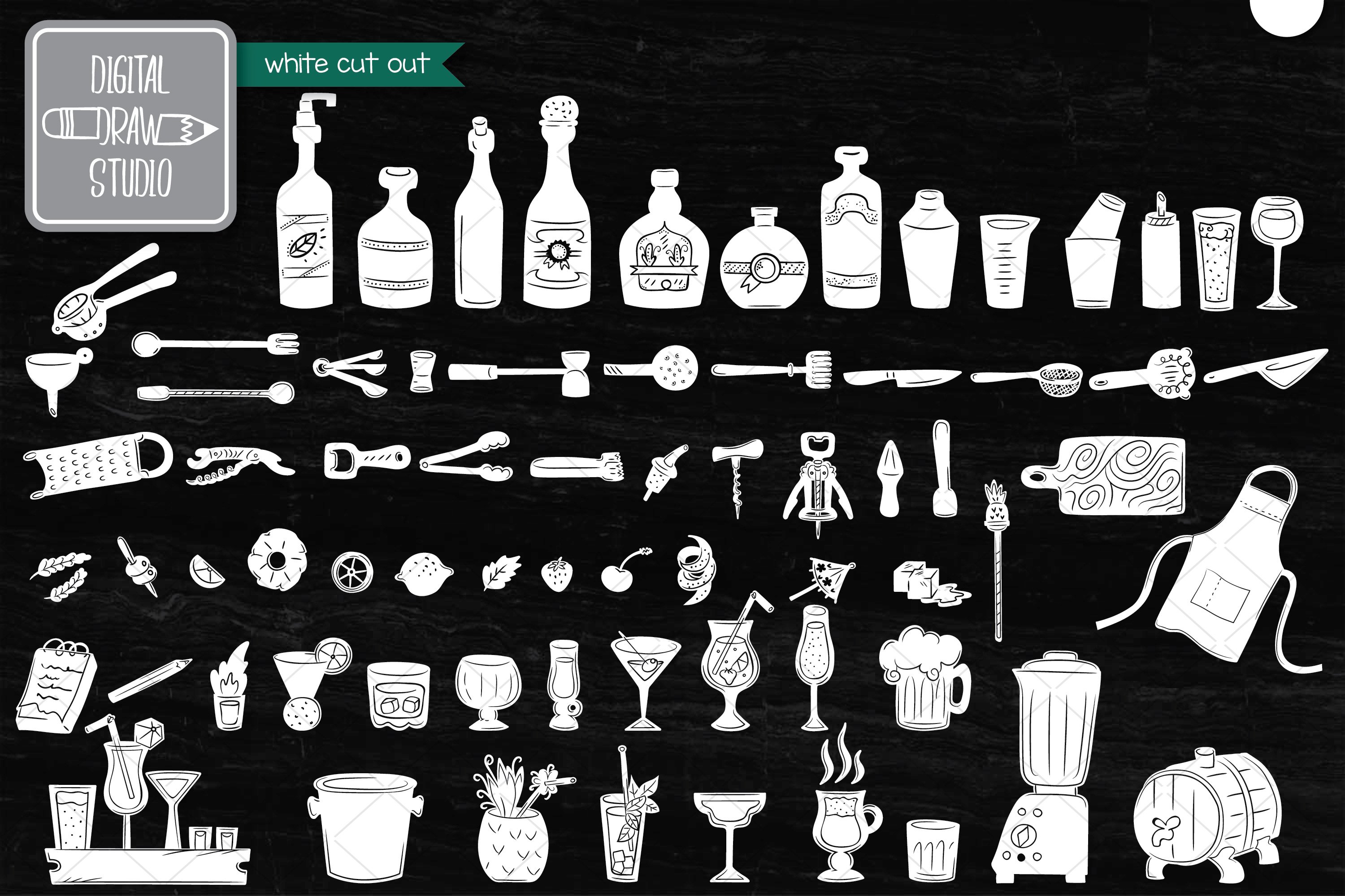 Bartender White Doodles | Hand Drawn Bar tools | Esp Png Svg (613092 ...