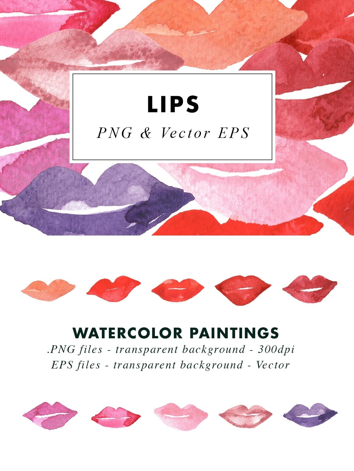 Watercolor Lips and Kisses ClipArt Paintings in PNG & Vector