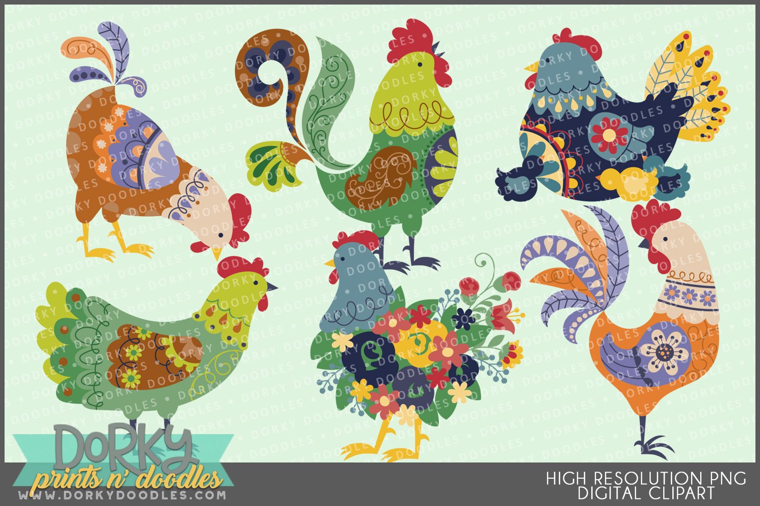 Folk Art Chickens Clipart (1141702) | Illustrations | Design Bundles