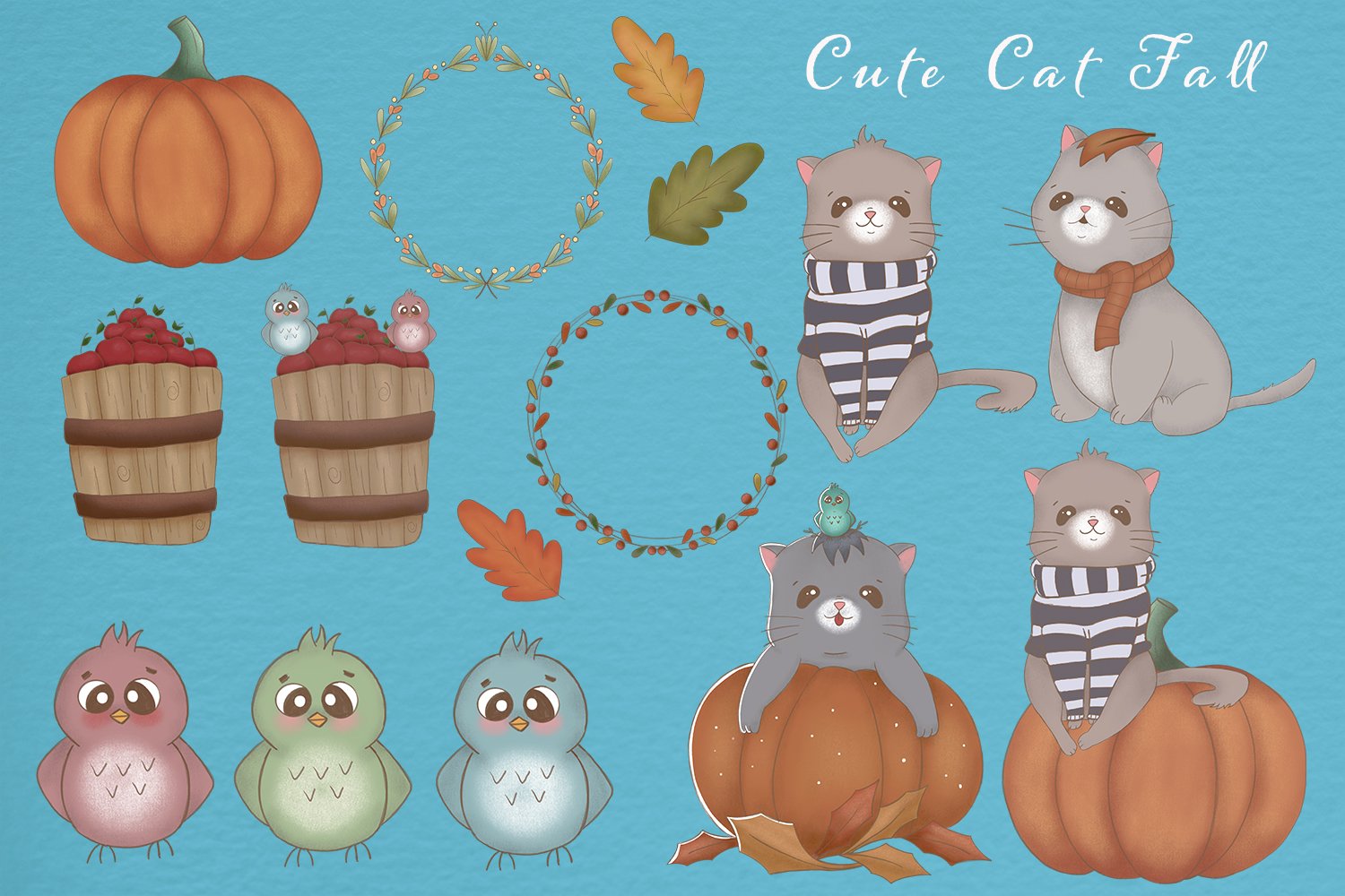 Cute Cat Fall Season Clipart Set (928766) | Elements | Design Bundles