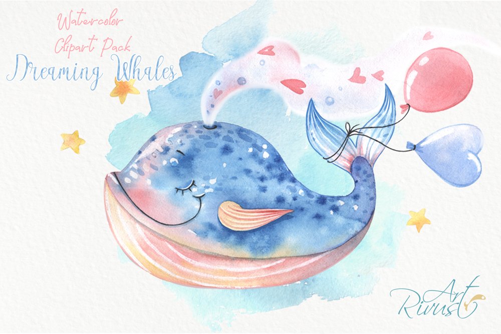 Watercolor cute baby whales clipart pack (218011) | Illustrations ...