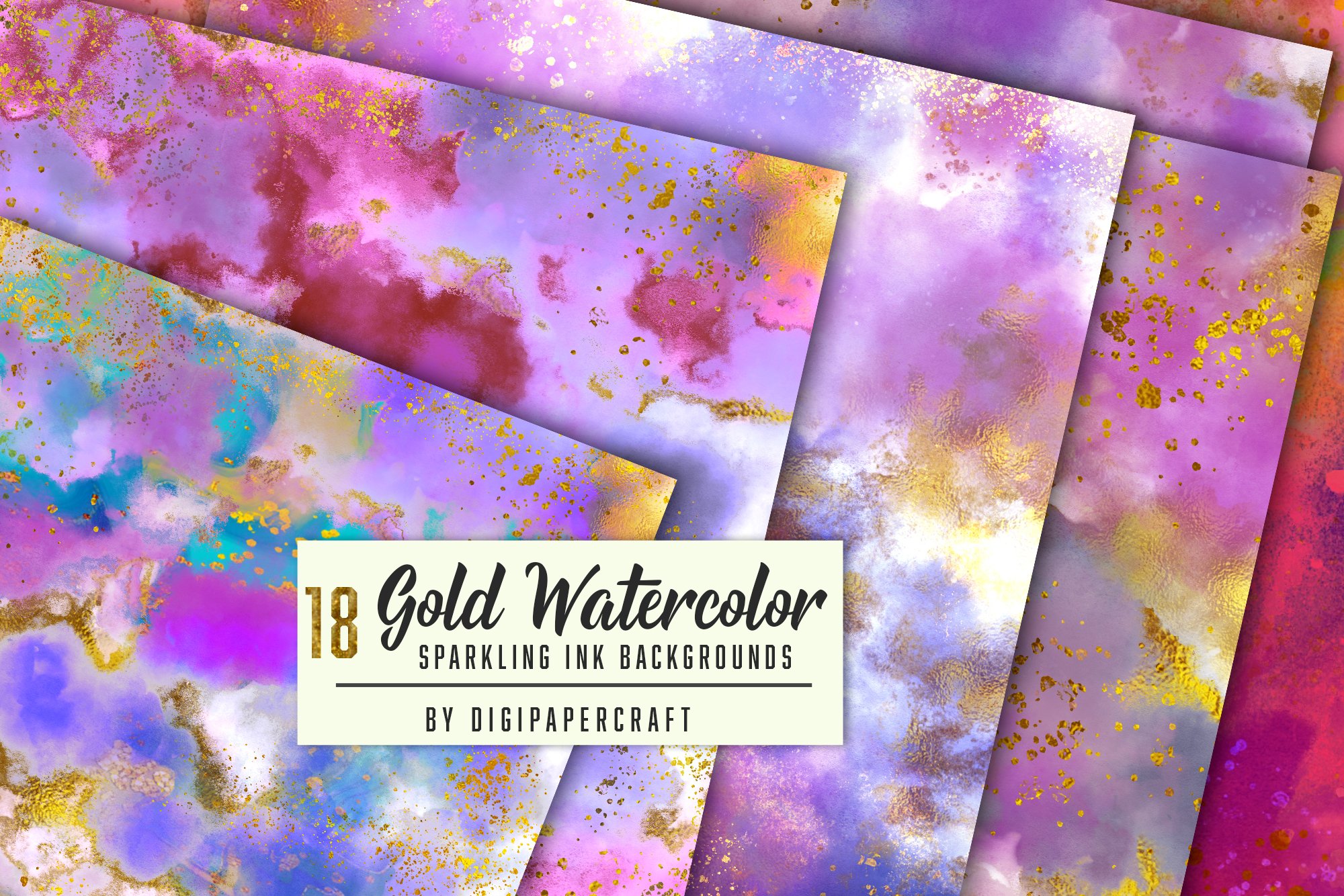 Watercolor Digital Paper, pink and blue background, Gold Ink (891651 ...