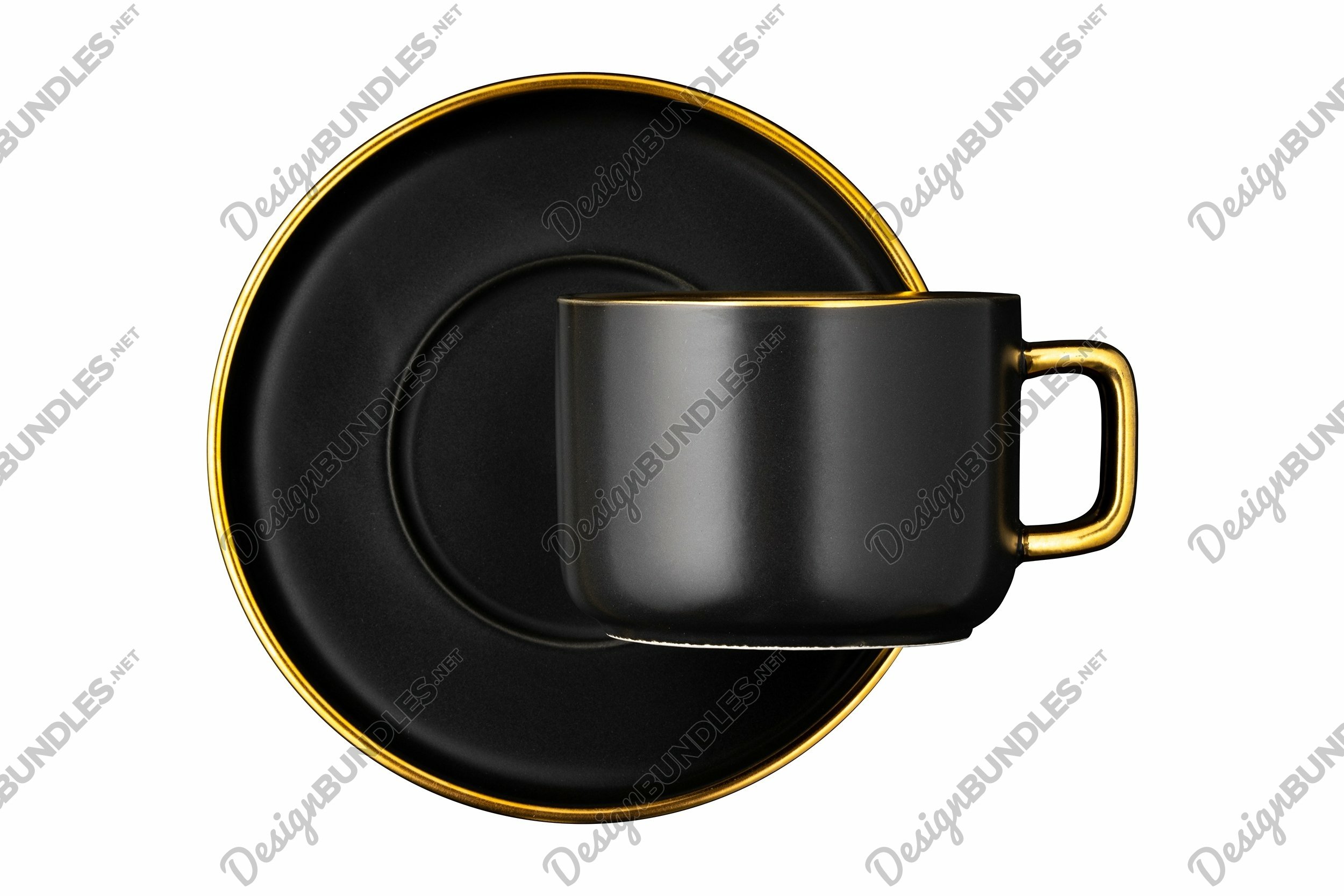 Set of black and golden ceramic plates and cup 3 pcs