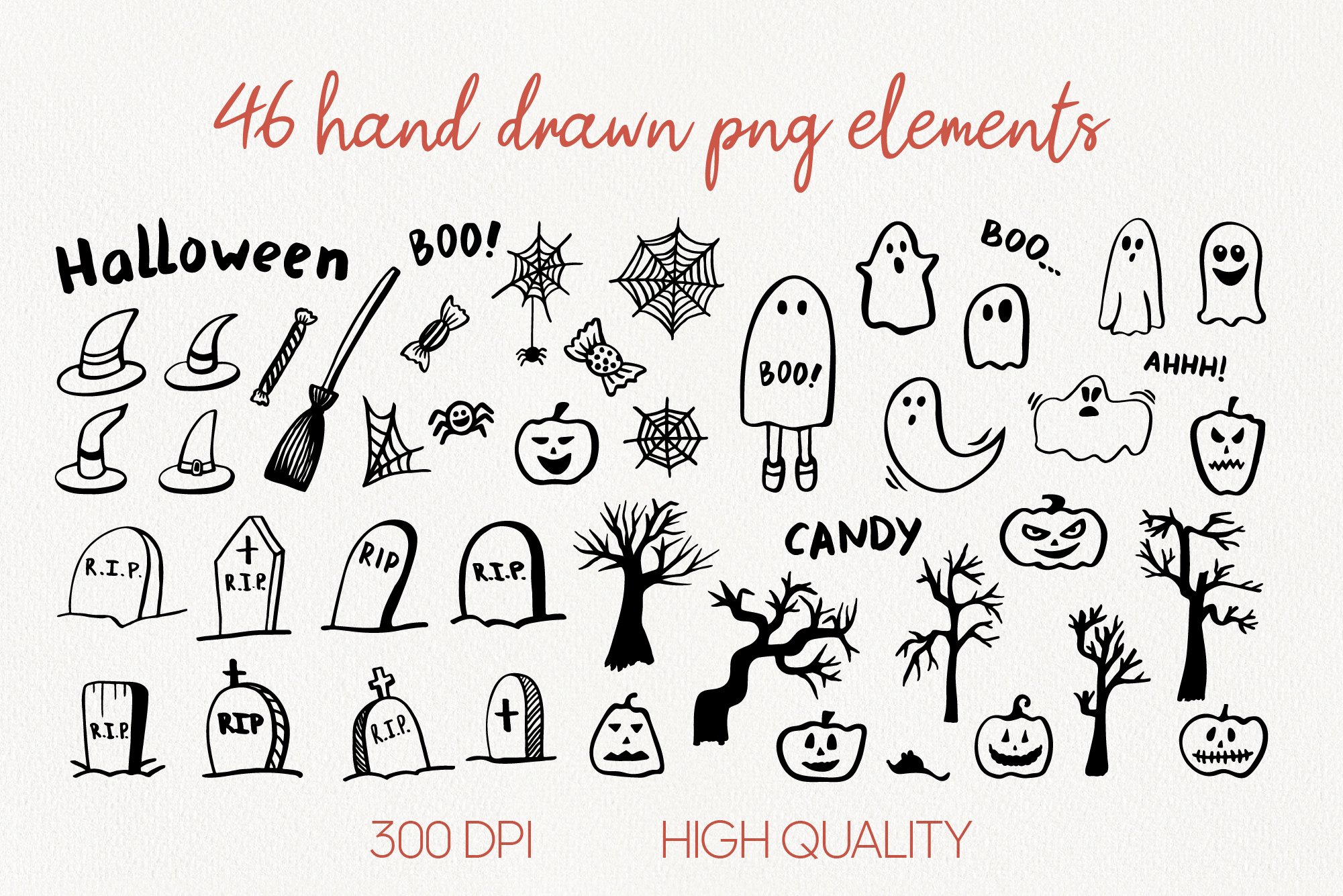Cute Halloween PNG doodle clipart. Spooky Halloween bundle (841174 ...