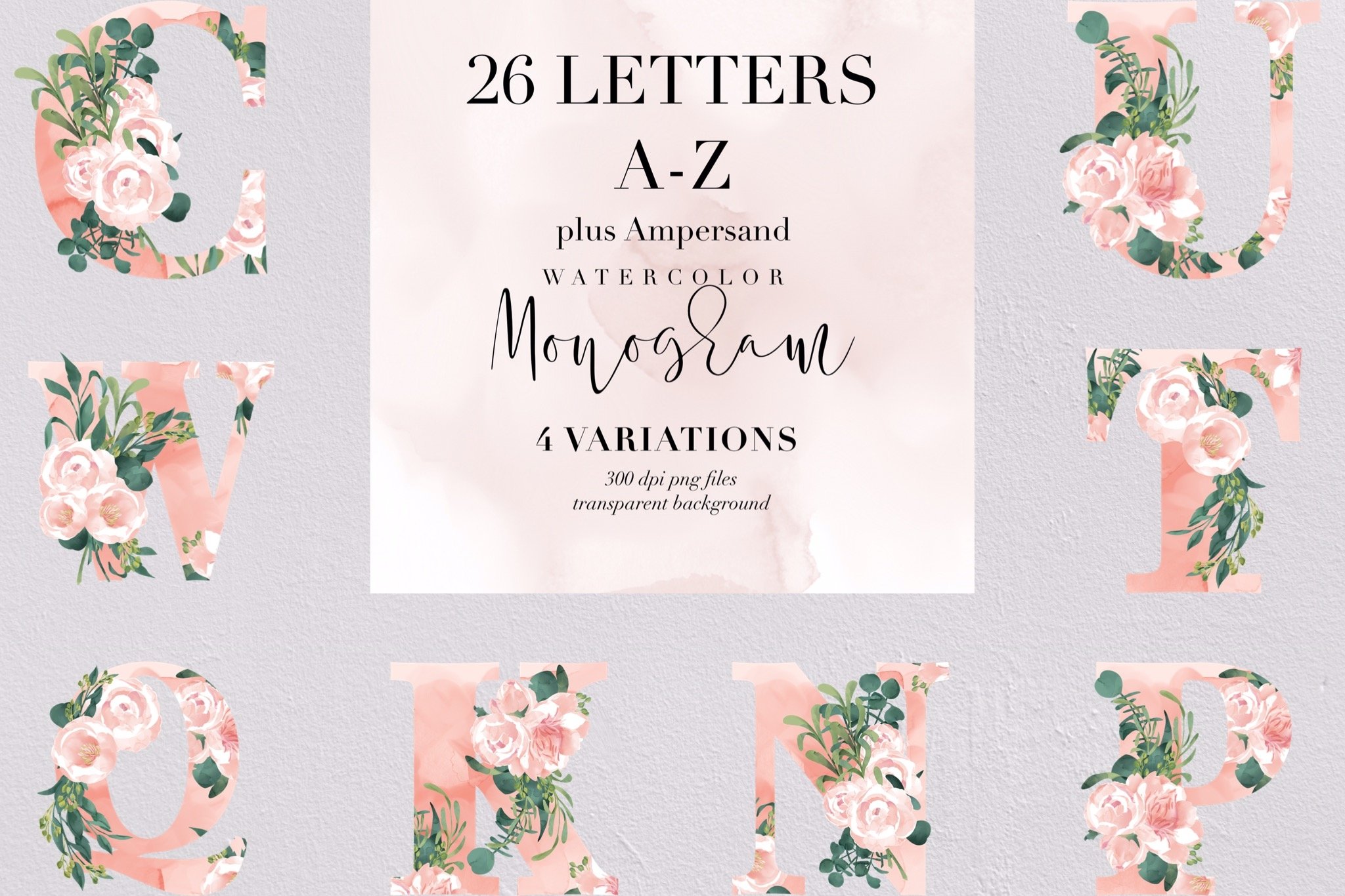 Bundle of 26 letters and Ampersand watercolor monogram, PNG (673749 ...