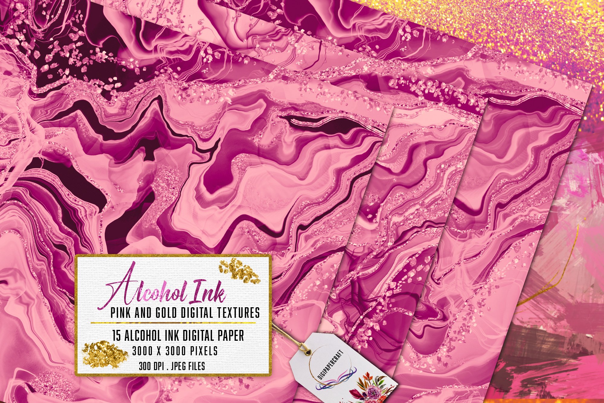 Pink Alcohol Ink digital paper, Gold Liquid ink textures (829478 ...