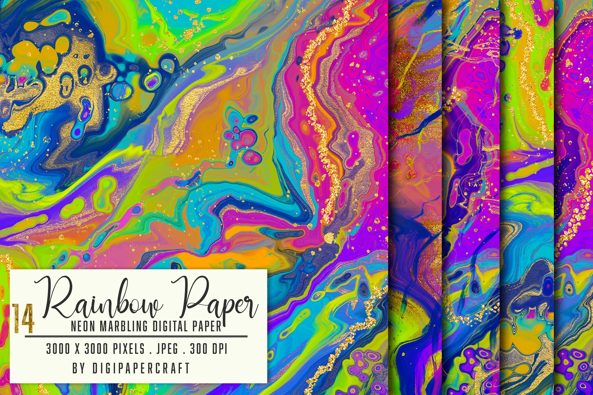 Rainbow Digital Paper, Neon ink marble, Marbling paper, (906100 ...