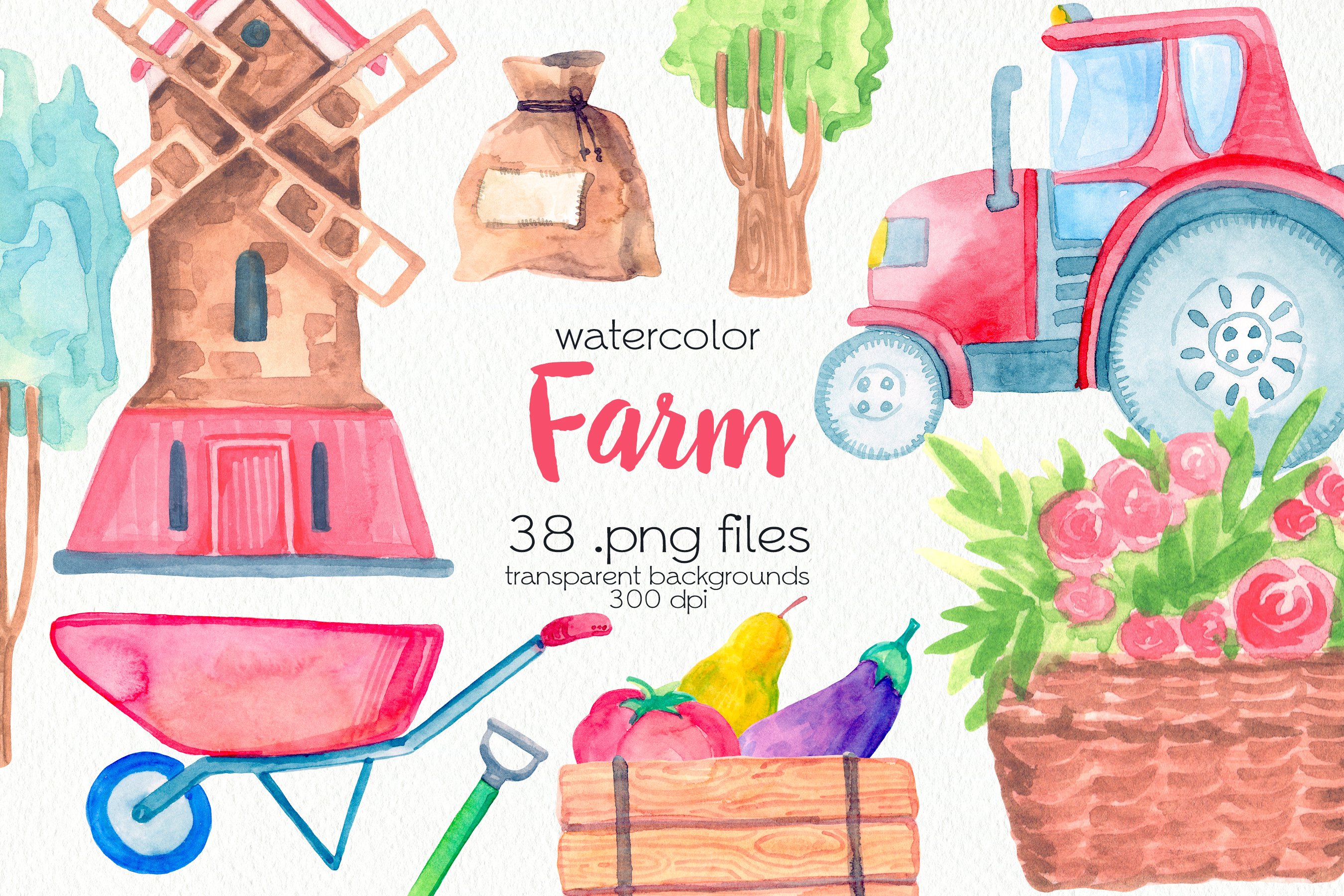 Watercolor Farm Clipart (1345376) | Illustrations | Design Bundles