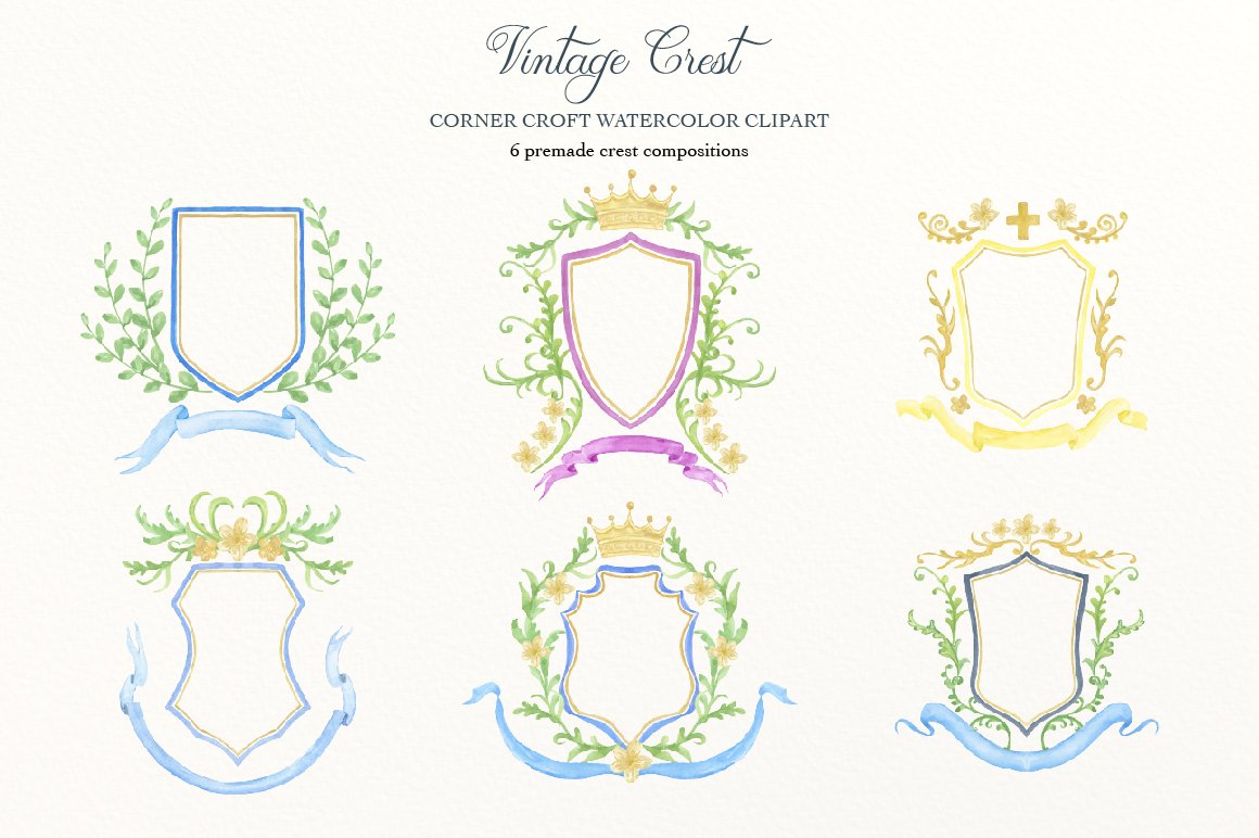 Watercolor Vintage Crest Clipart (325035) | Illustrations | Design Bundles
