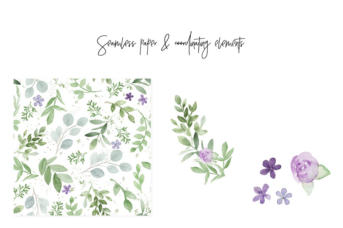 Greenery Lavender Wedding Watercolor Clip Art Illustrations (93561 ...