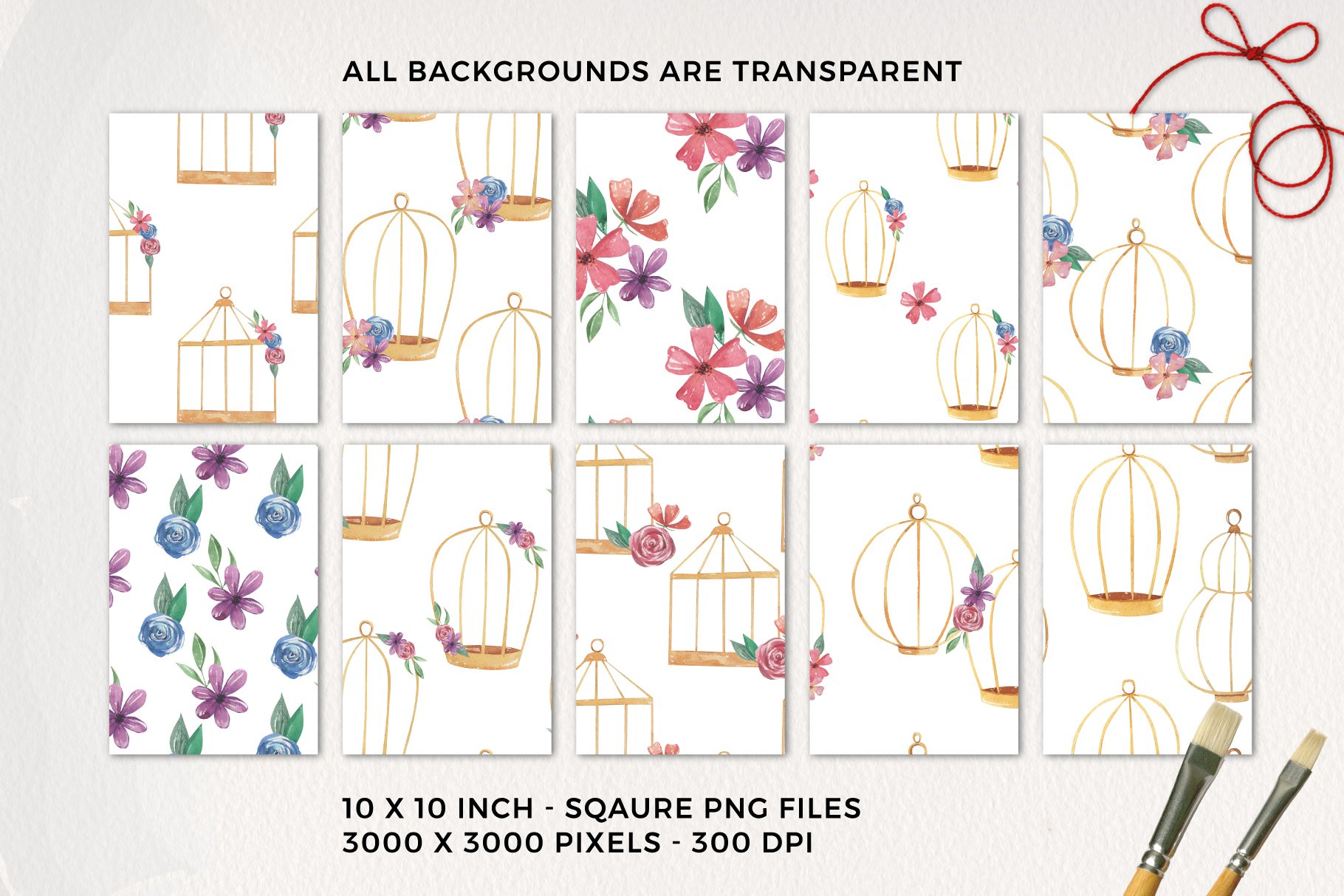 Birdcage Seamless Patterns Watercolor Flowers Papers Cages