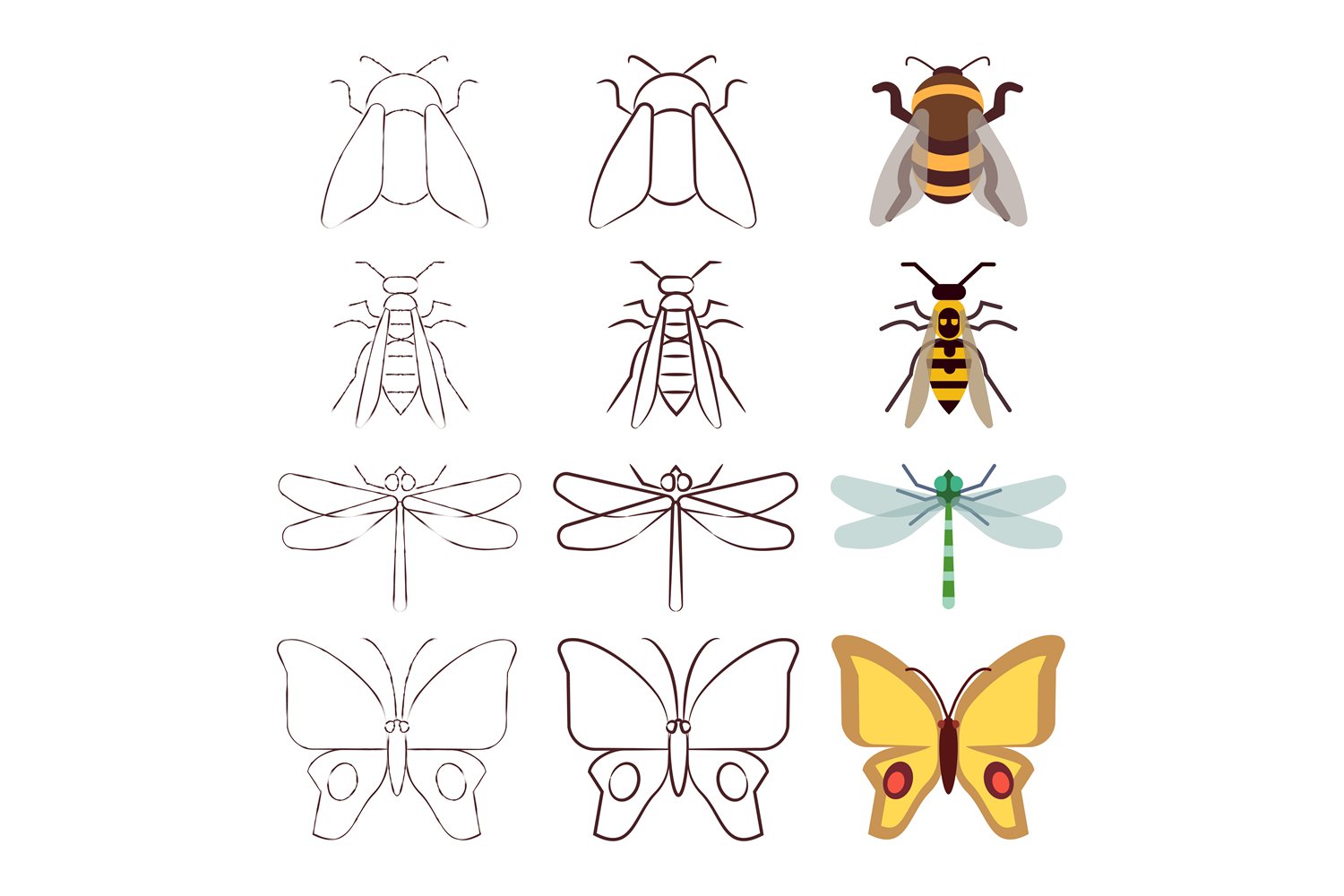 Sketch, line and flat insects collection (909141) | Illustrations ...