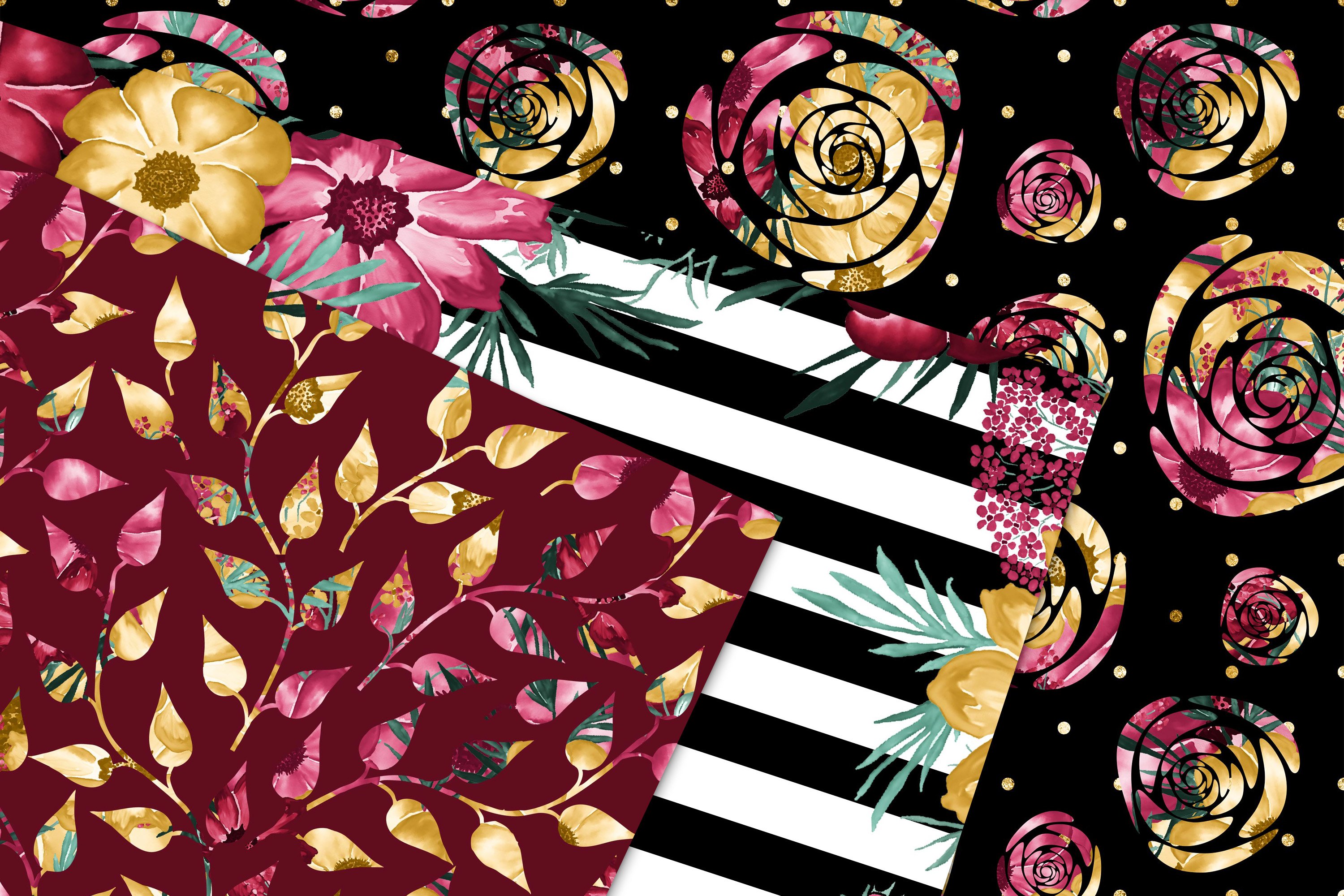 Red Gold Floral Digital Papers (304191) | Patterns | Design Bundles