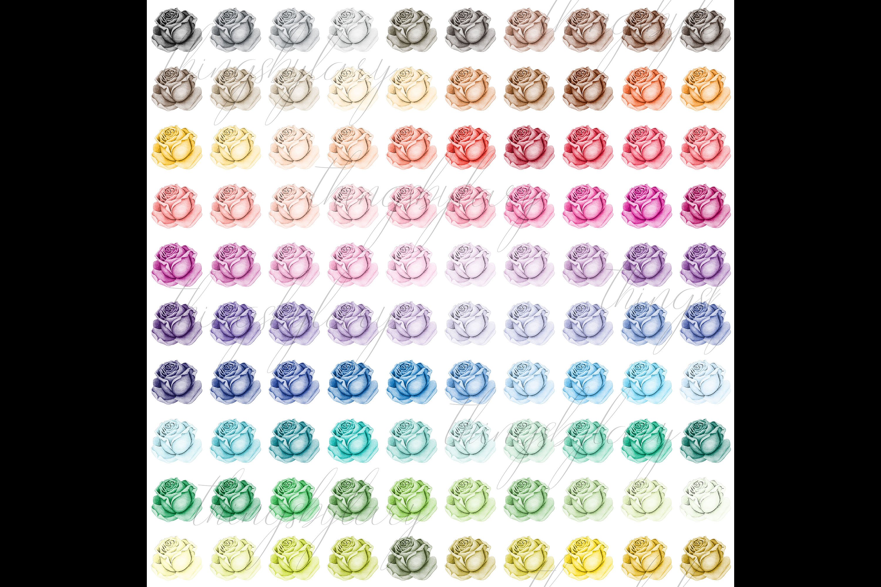 100 Watercolor Roses Clip Arts, Romantic Valentine Scrapbook (134671 ...