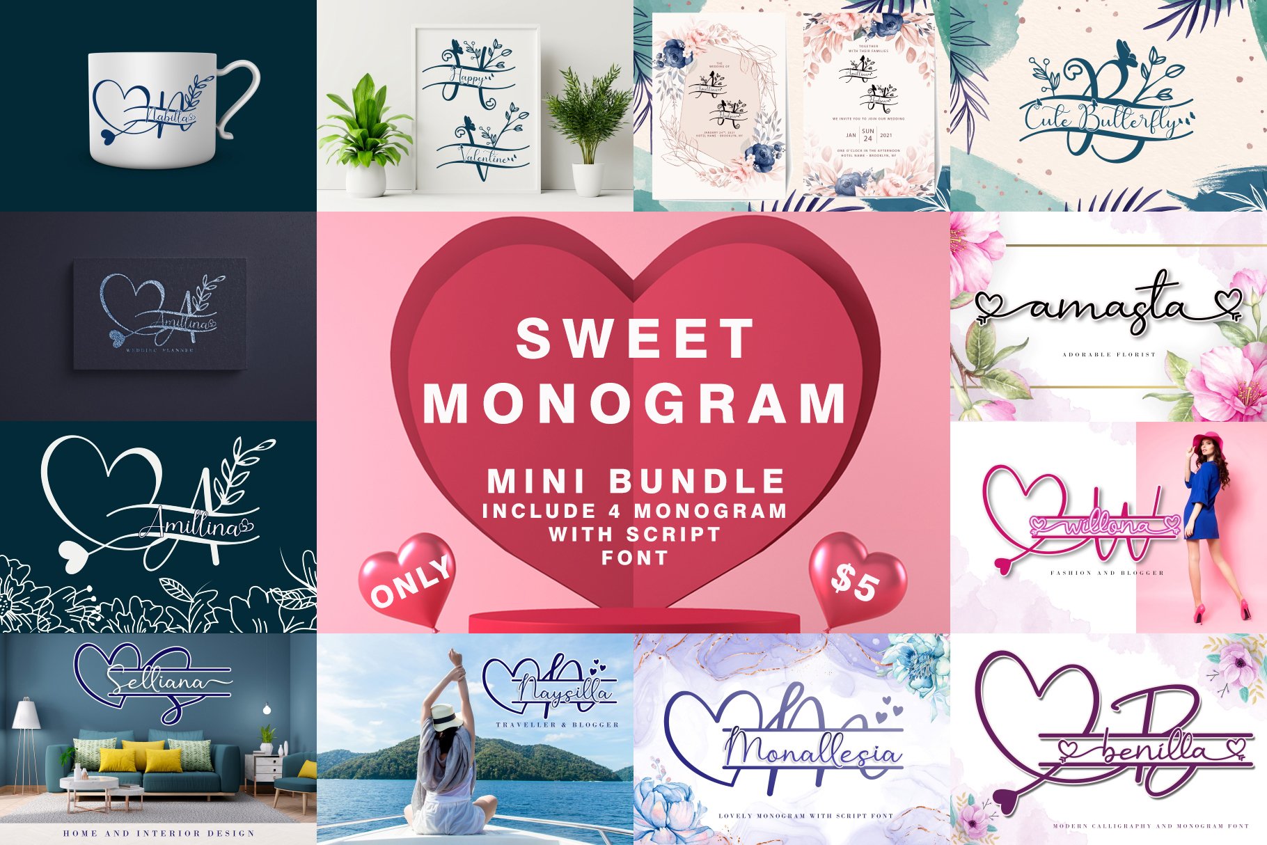 Sweet Monogram Bundle (1148292) | Valentines | Font Bundles