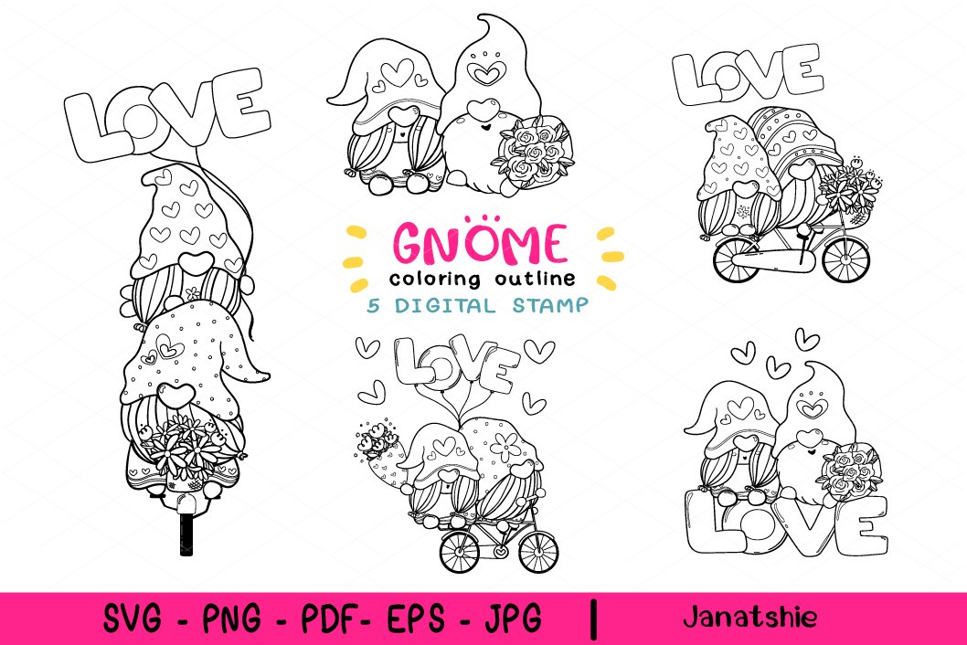Valentine gnome digital stamp outline clip art, coloring SVG (1183428 ...
