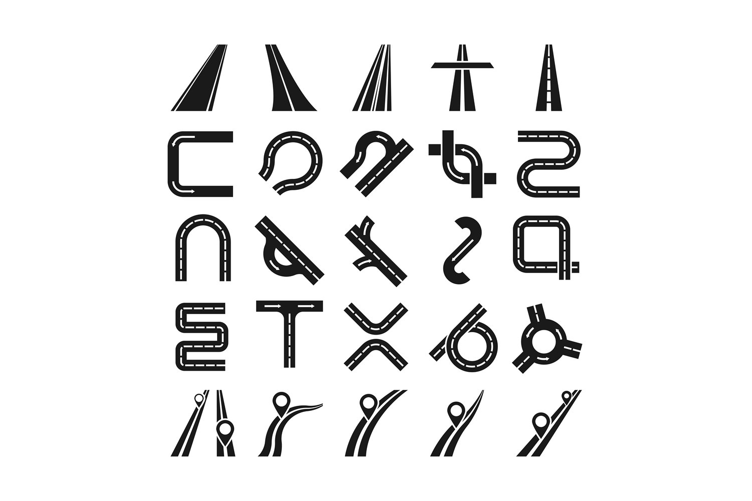 Map highway path symbols. Black truck road vector icons isol